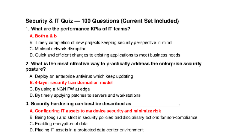 CS205 - Security IT Quiz: 100 Questions & Answers - Studocu