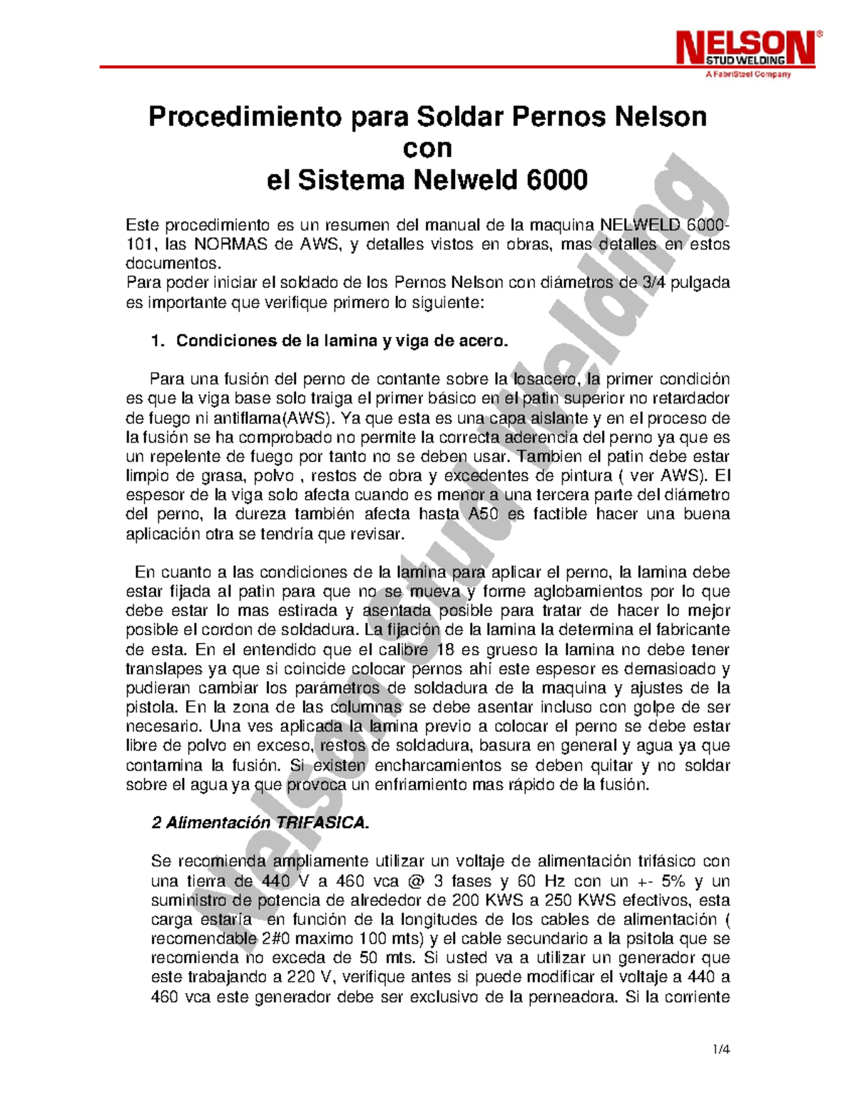 Procedimiento para Soldar Pernos Nelson con Sistema Nelweld 6000 - Studocu