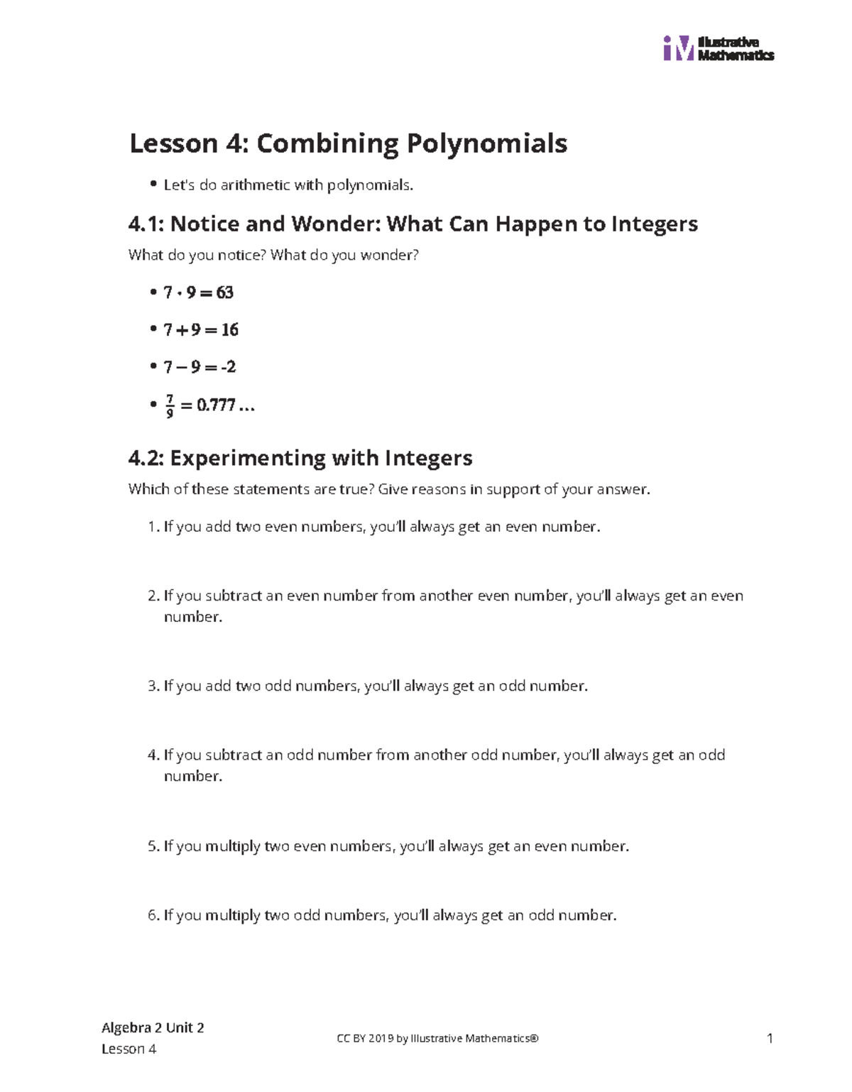 Algebra 2 Unit 2 Lesson 4: Exploring Polynomials and Integers - Studocu