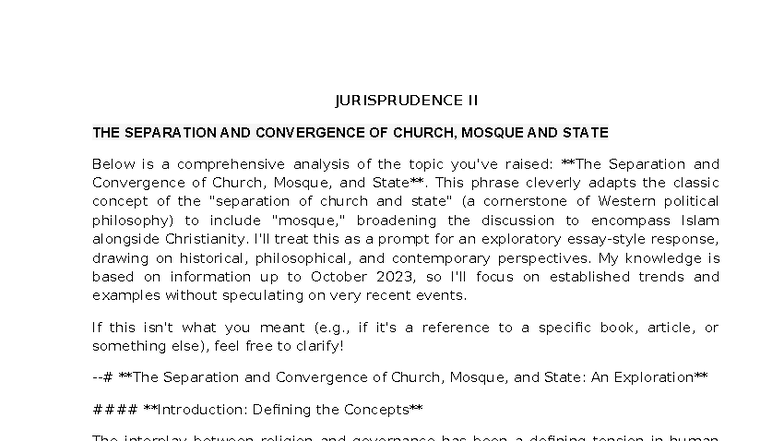 JURISPRUDENCE II: ANALYSIS OF CHURCH, MOSQUE, AND STATE INTERACTIONS ...