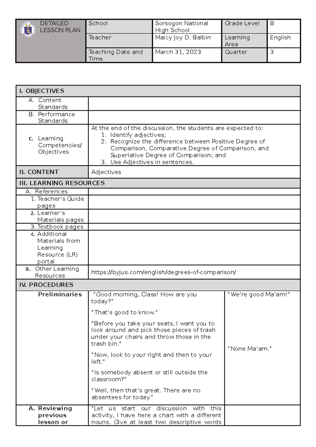 DLP Adjectives Regular Class - DETAILED LESSON PLAN School Sorsogon ...