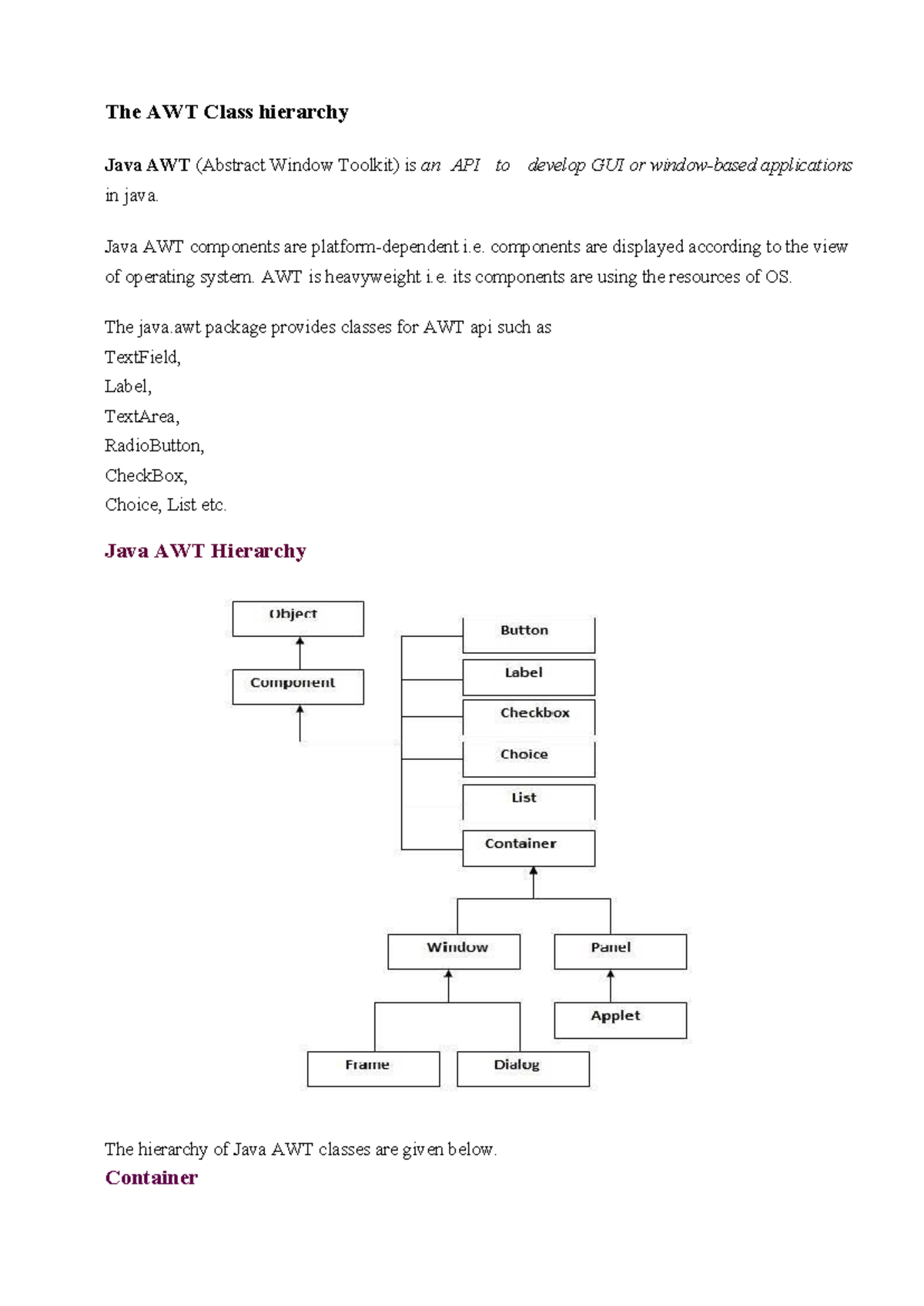 Java AWT Class Hierarchy Overview and Components Guide - Studocu