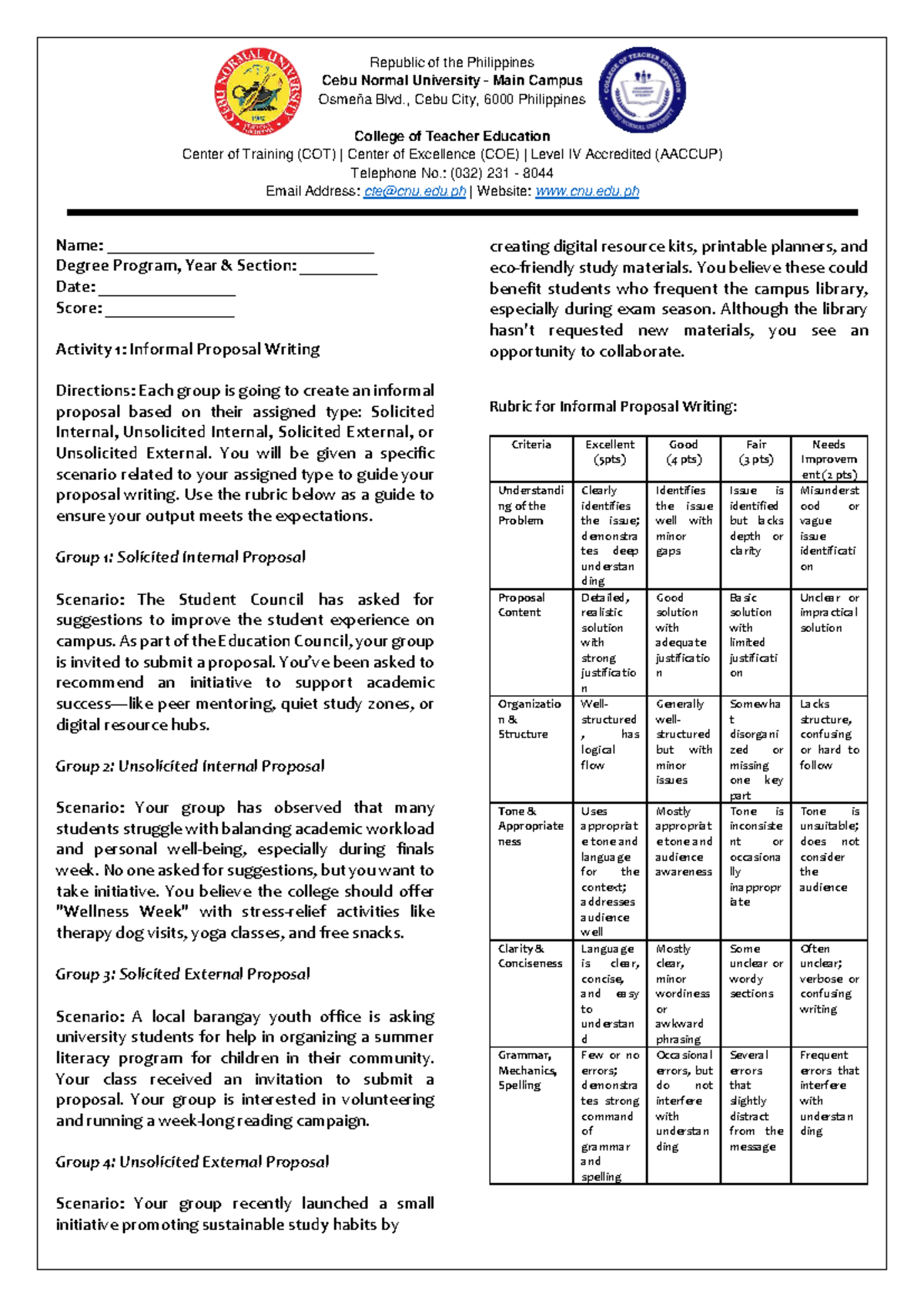 Writeshop Assessments: Informal Proposal Writing & Research Principles ...