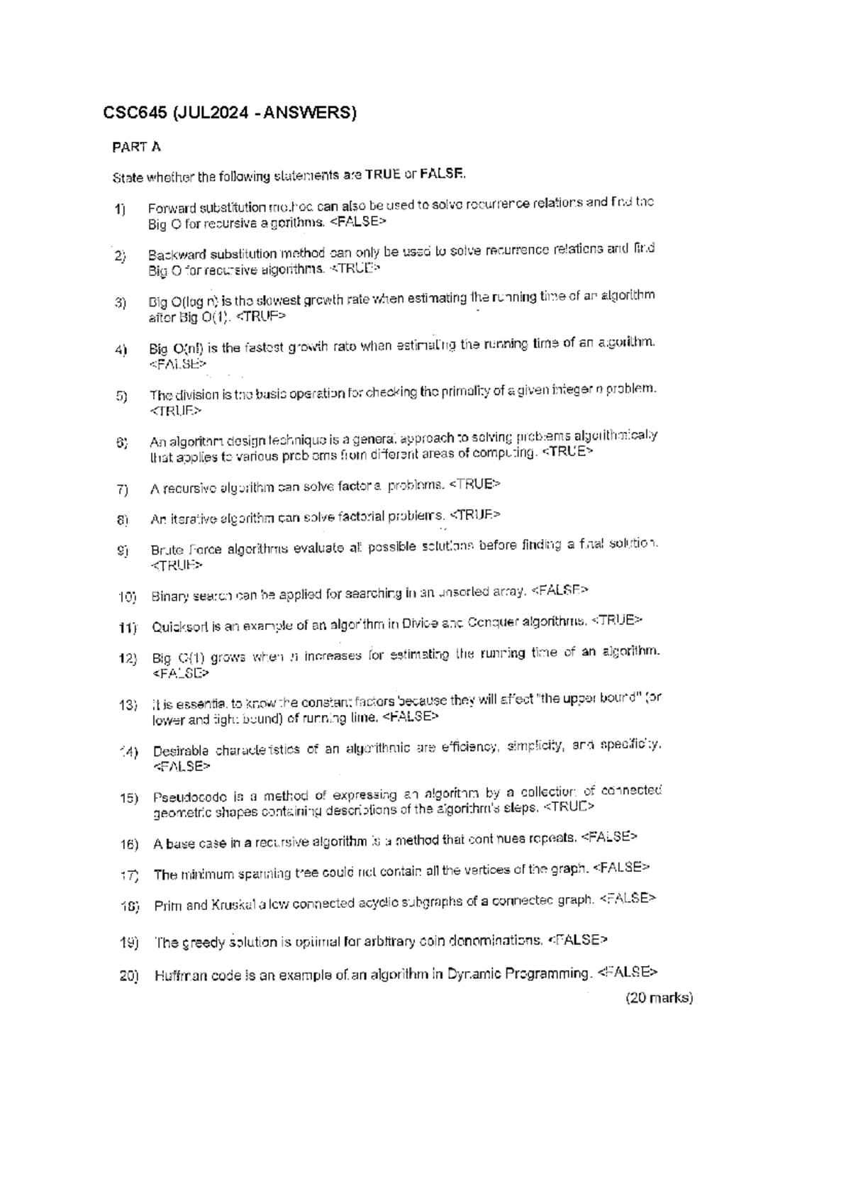 CSC645 JUL2024 Final Exam Answers: True/False & Recurrence Relations ...