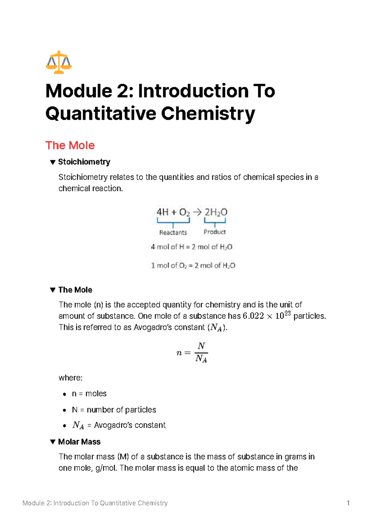 Chem Module 2: Summary of Quantitative Chemistry Concepts - Studocu