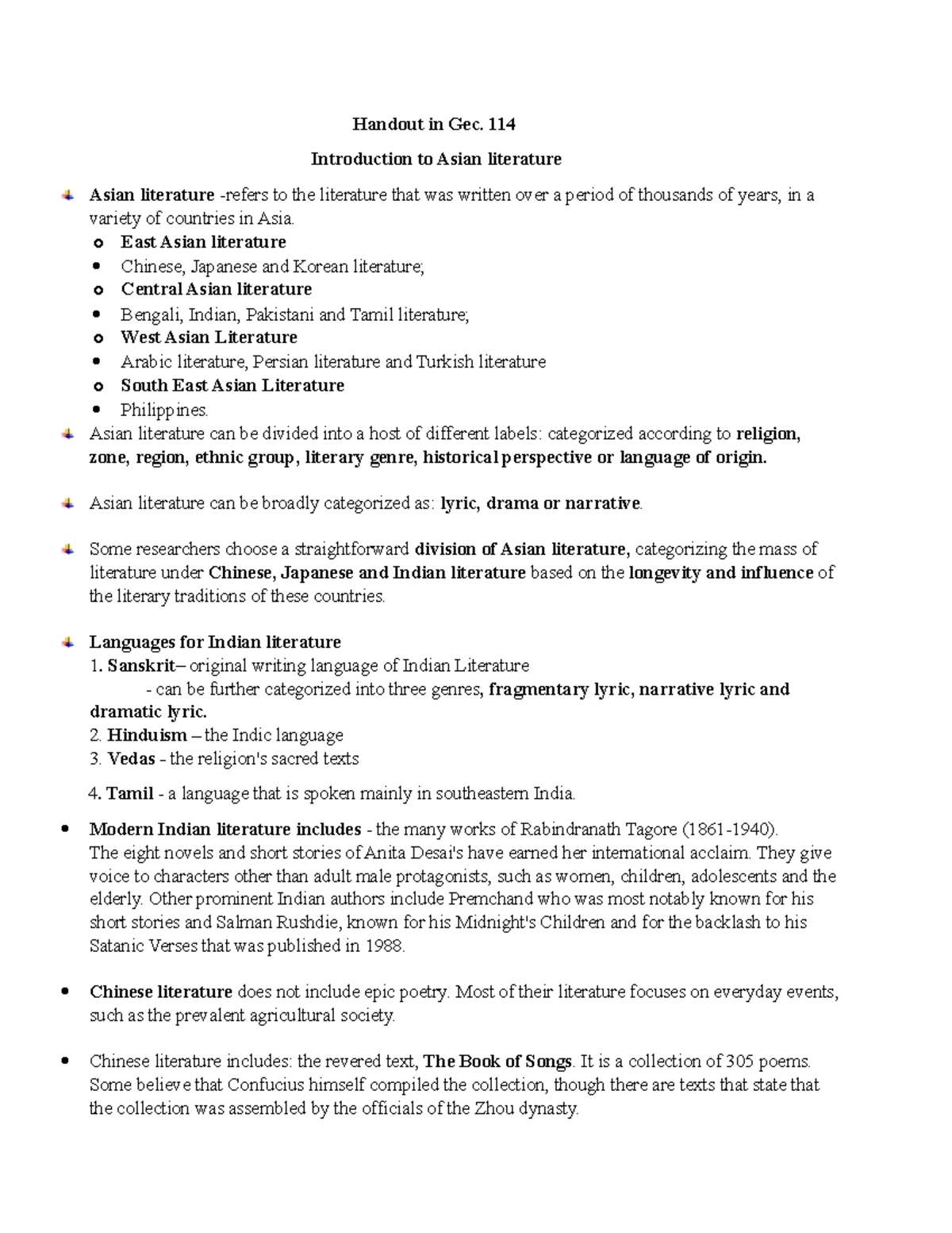GEC 114: Handout on Asian Literature Overview and Key Authors - Studocu