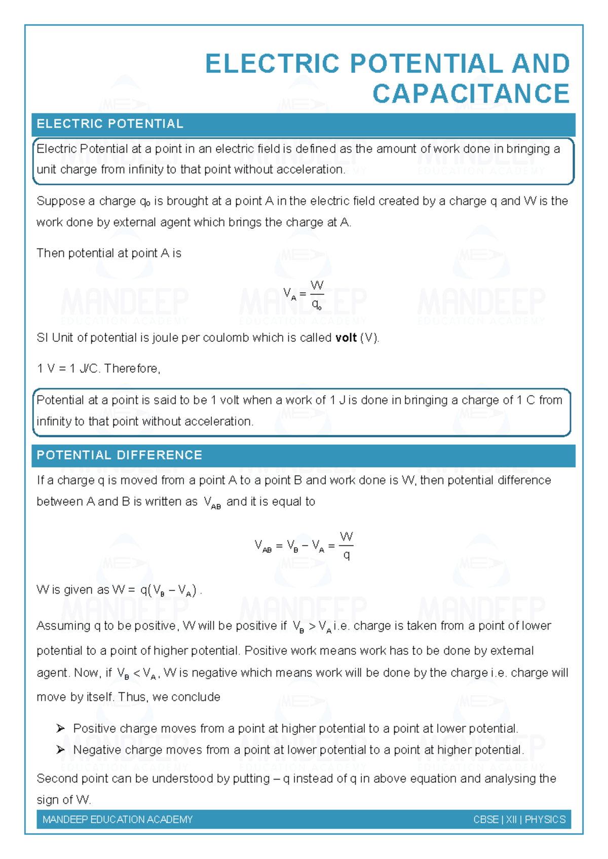 Electric Potential & Capacitance Notes - CBSE XII Physics - Studocu