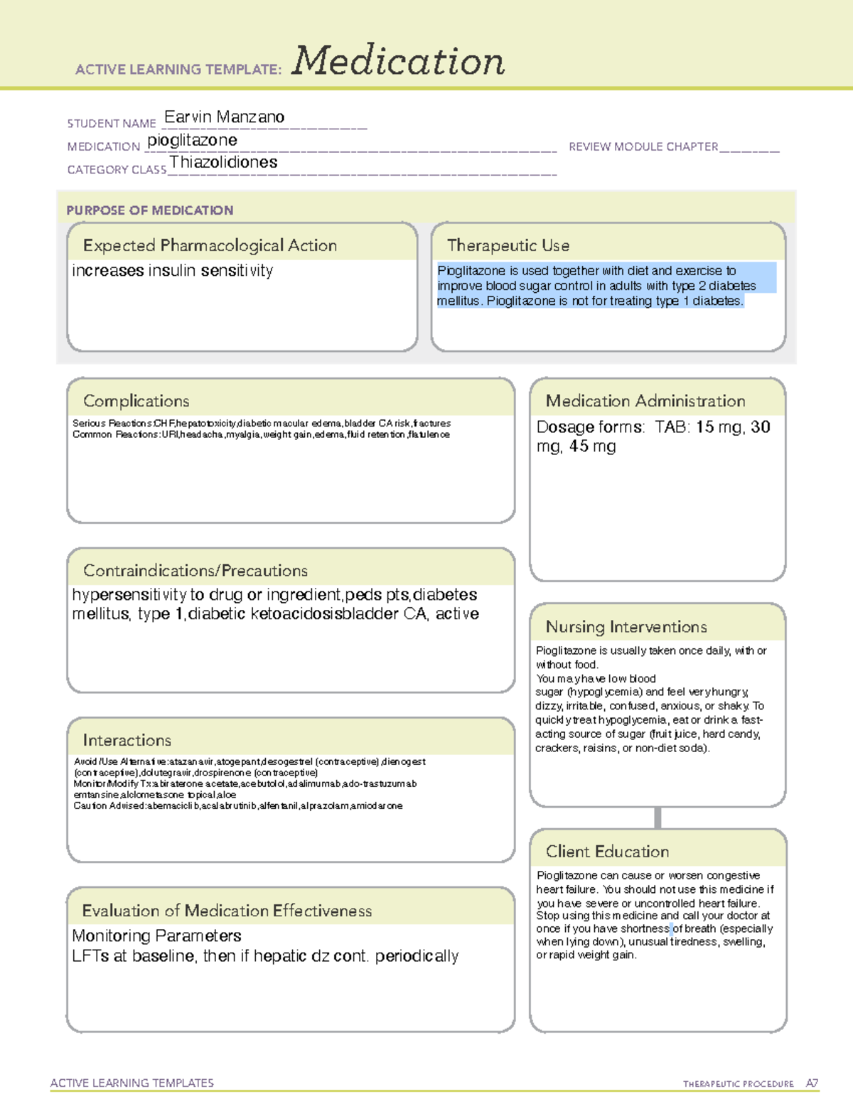 #125 (Pioglitazone) - ATI Active Learning Template for Meds - Studocu