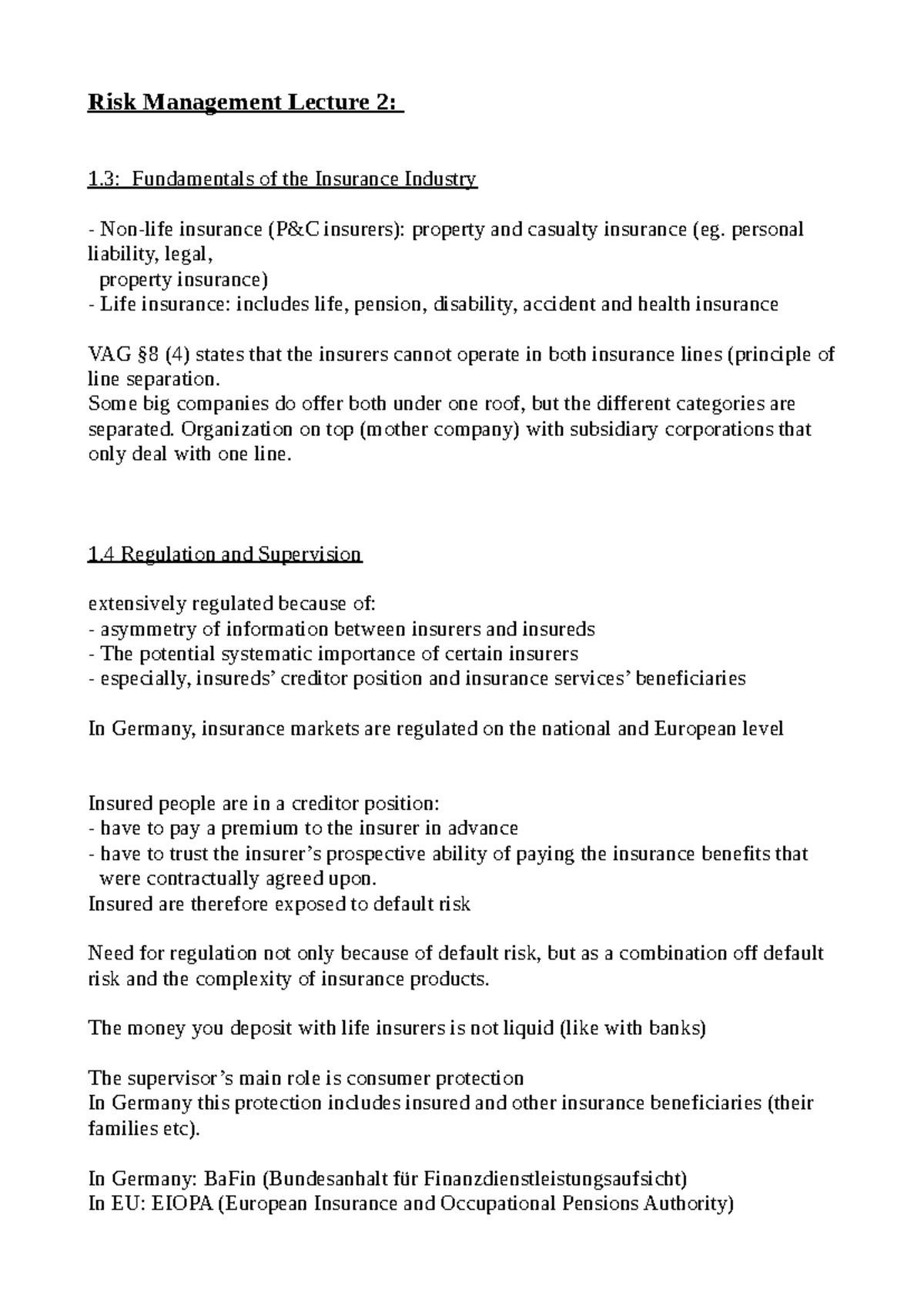 Risk Management Lecture 2: Insurance Fundamentals and Regulations - Studocu