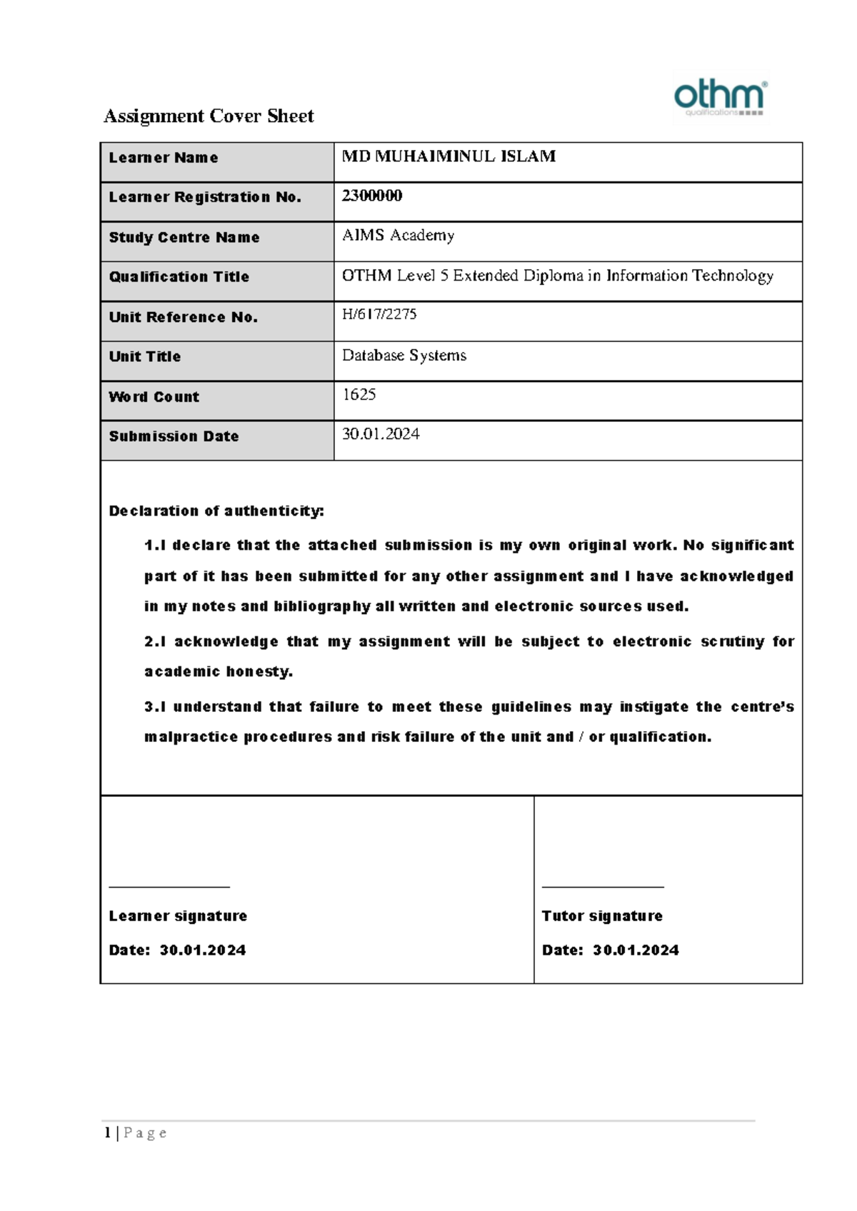 Database Systems Overview - OTHM Level 5 Extended Diploma Assignment - Studocu