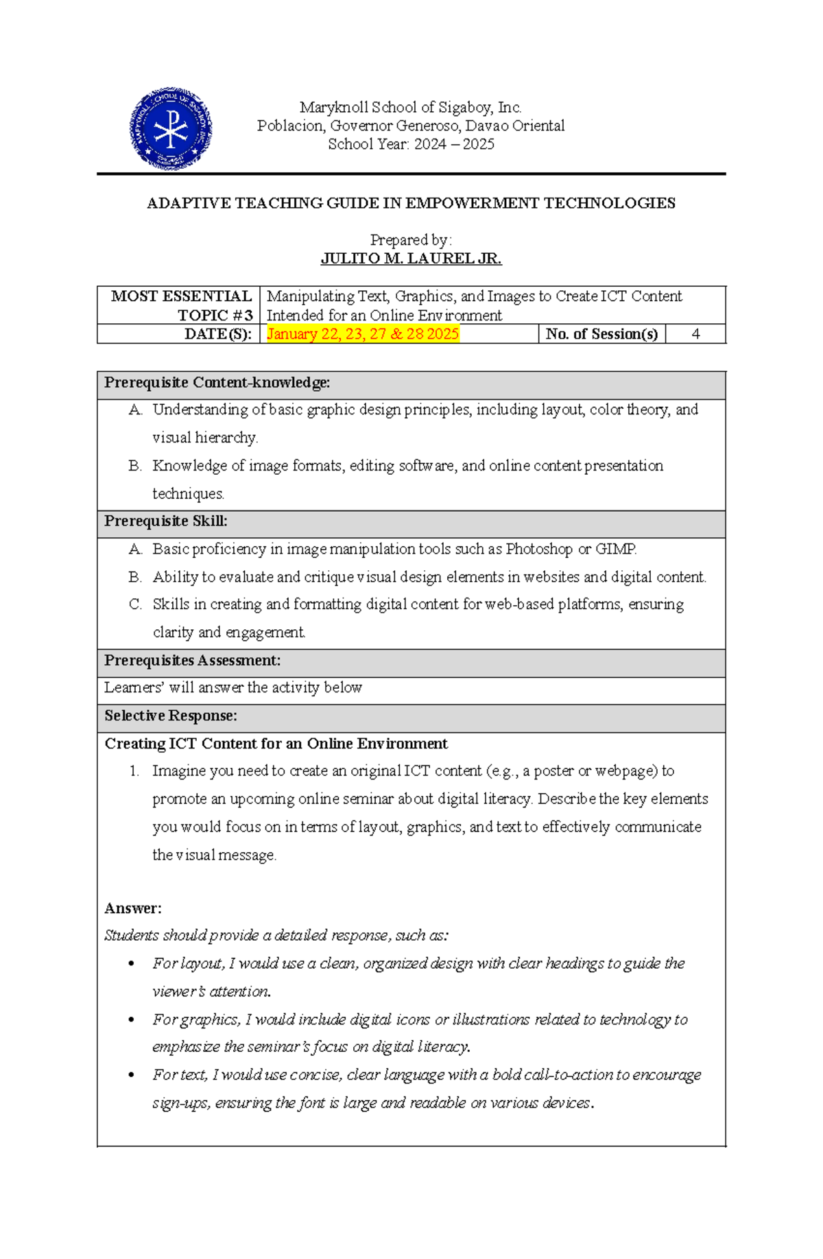 Adaptive Teaching Guide (ATG) in Empowerment Tech: ICT Content Creation ...