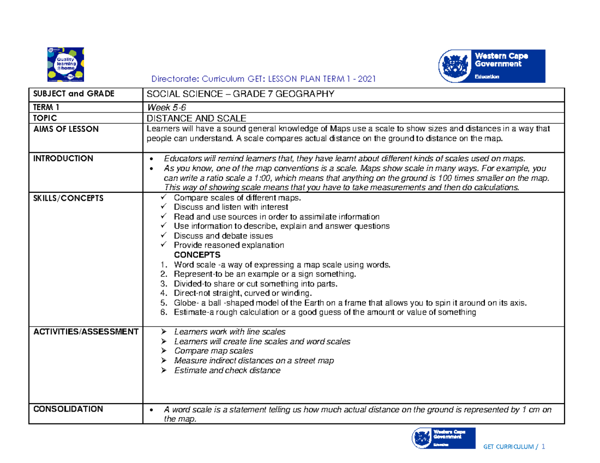 Lesson Plan SP Grade 7 SS Geography T1 W5-6: Distance & Scale - Studocu