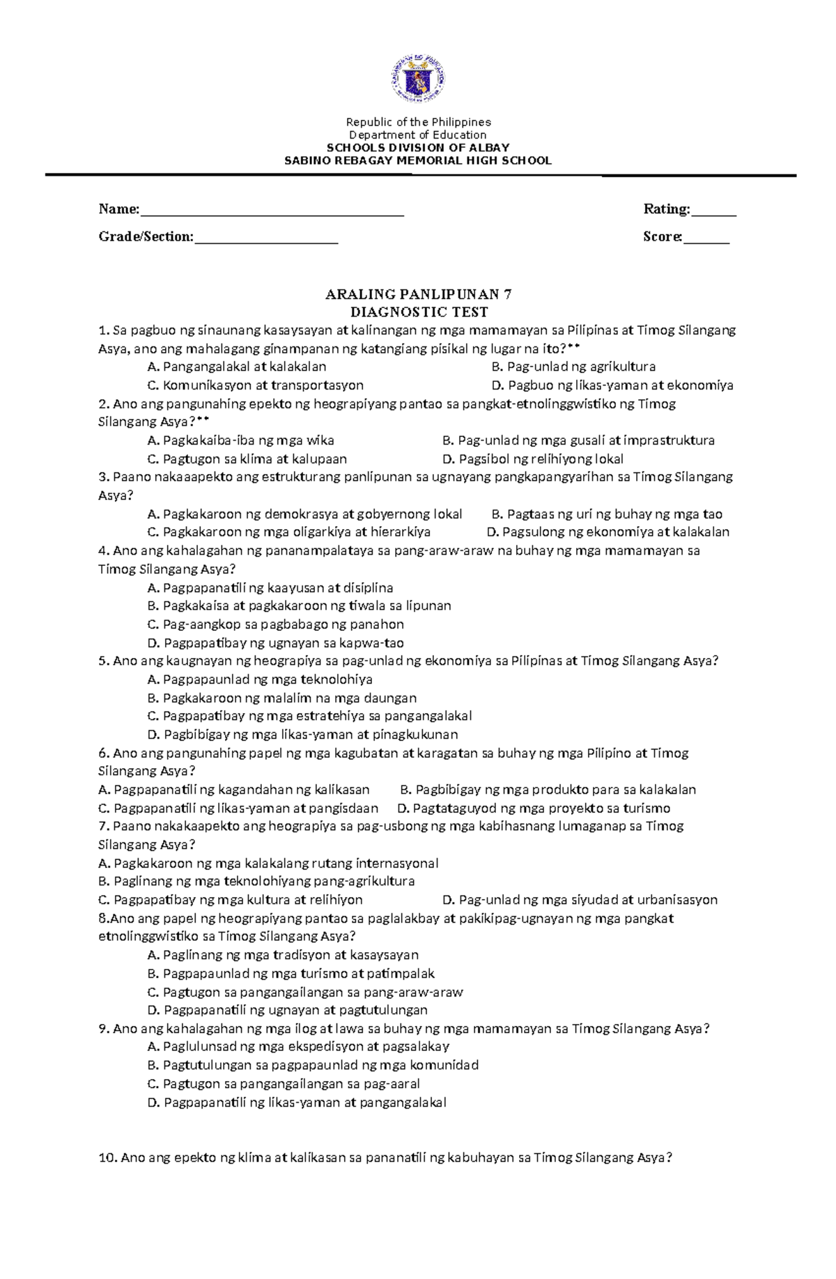 Grade 7 AP Araling Panlipunan Q1 Diagnostic Test - Studocu