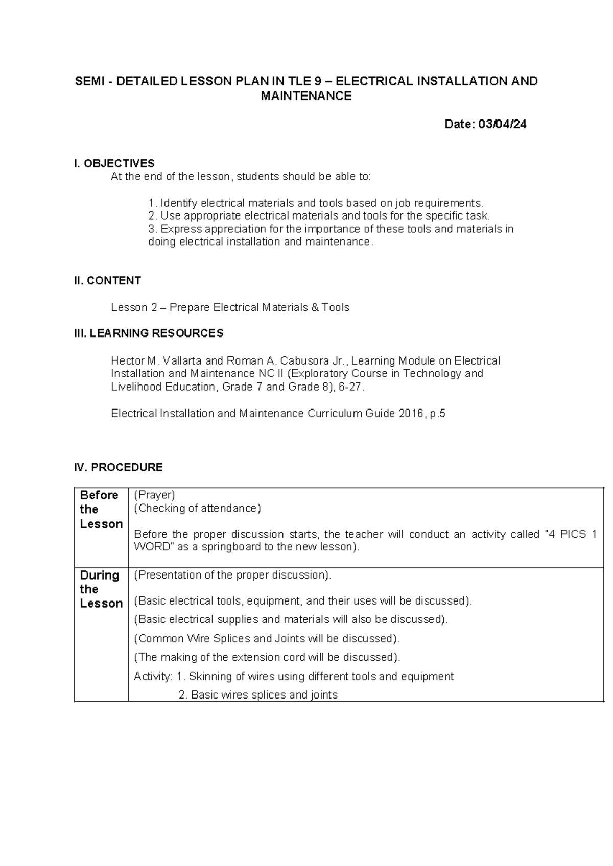 TLE 9 Lesson 2: Preparing Electrical Materials & Tools for EIM Students ...