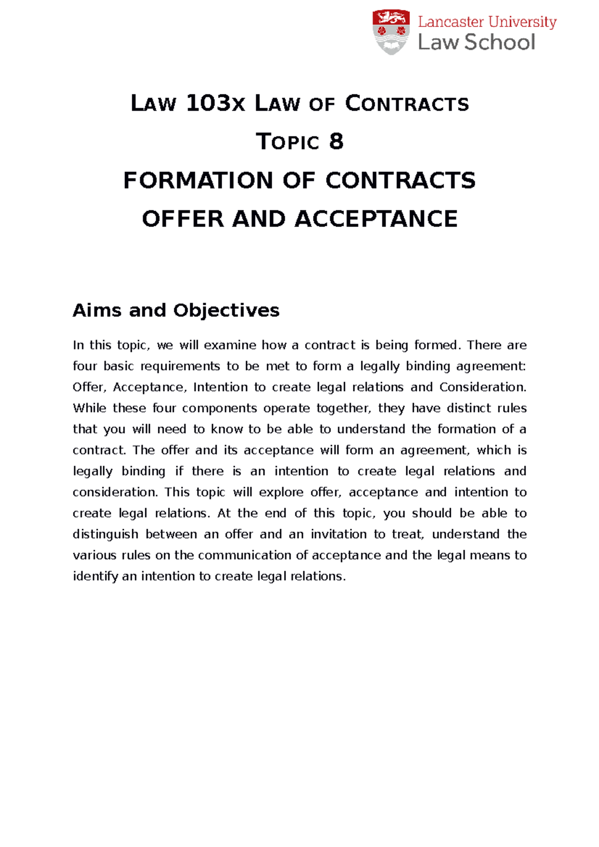 LAW 103 X Topic 8: Key Cases in Formation of Contracts Handout - Studocu
