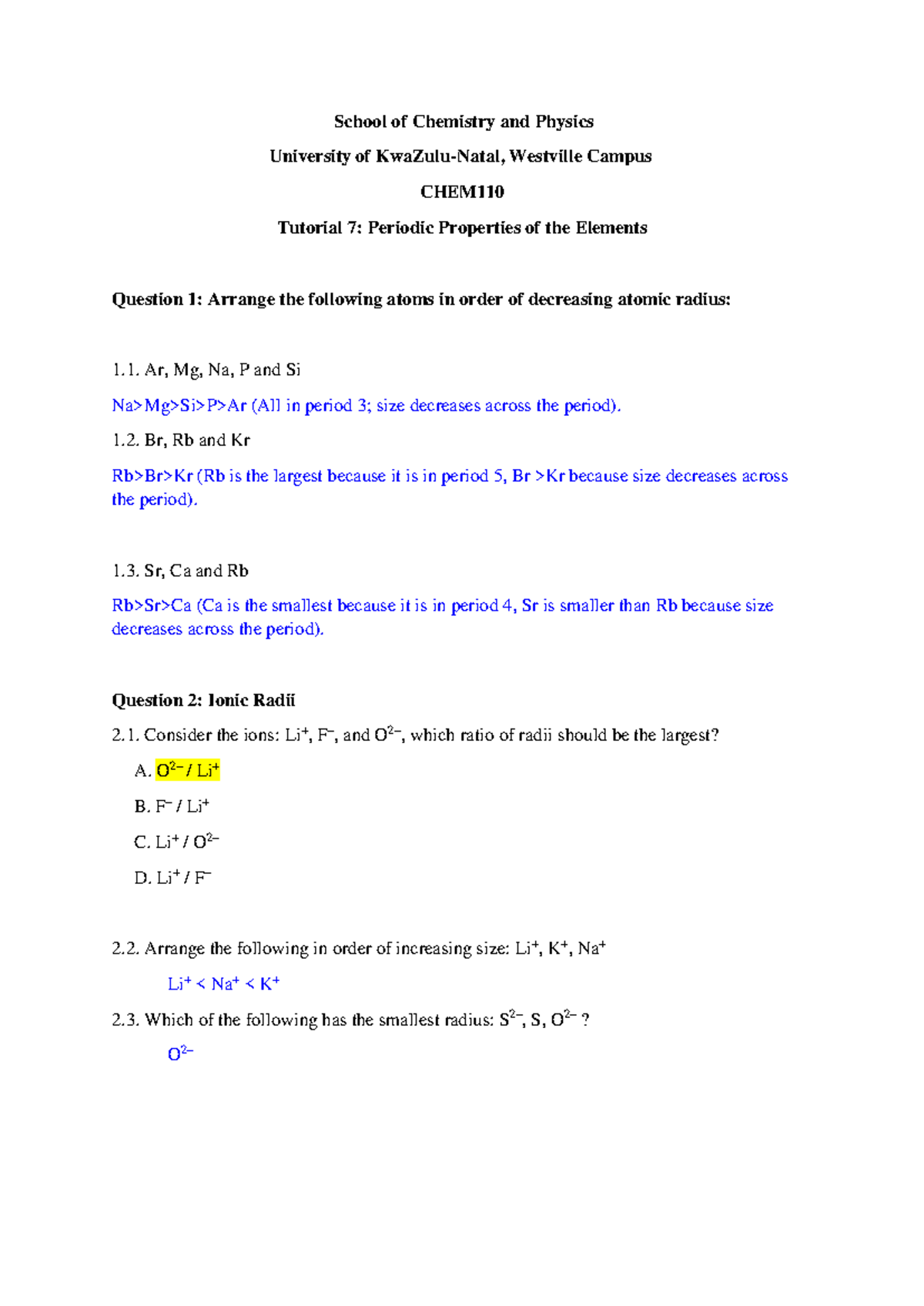 CHEM110 Tutorial 7 Solutions: Periodic Properties & Ionic Radii - Studocu
