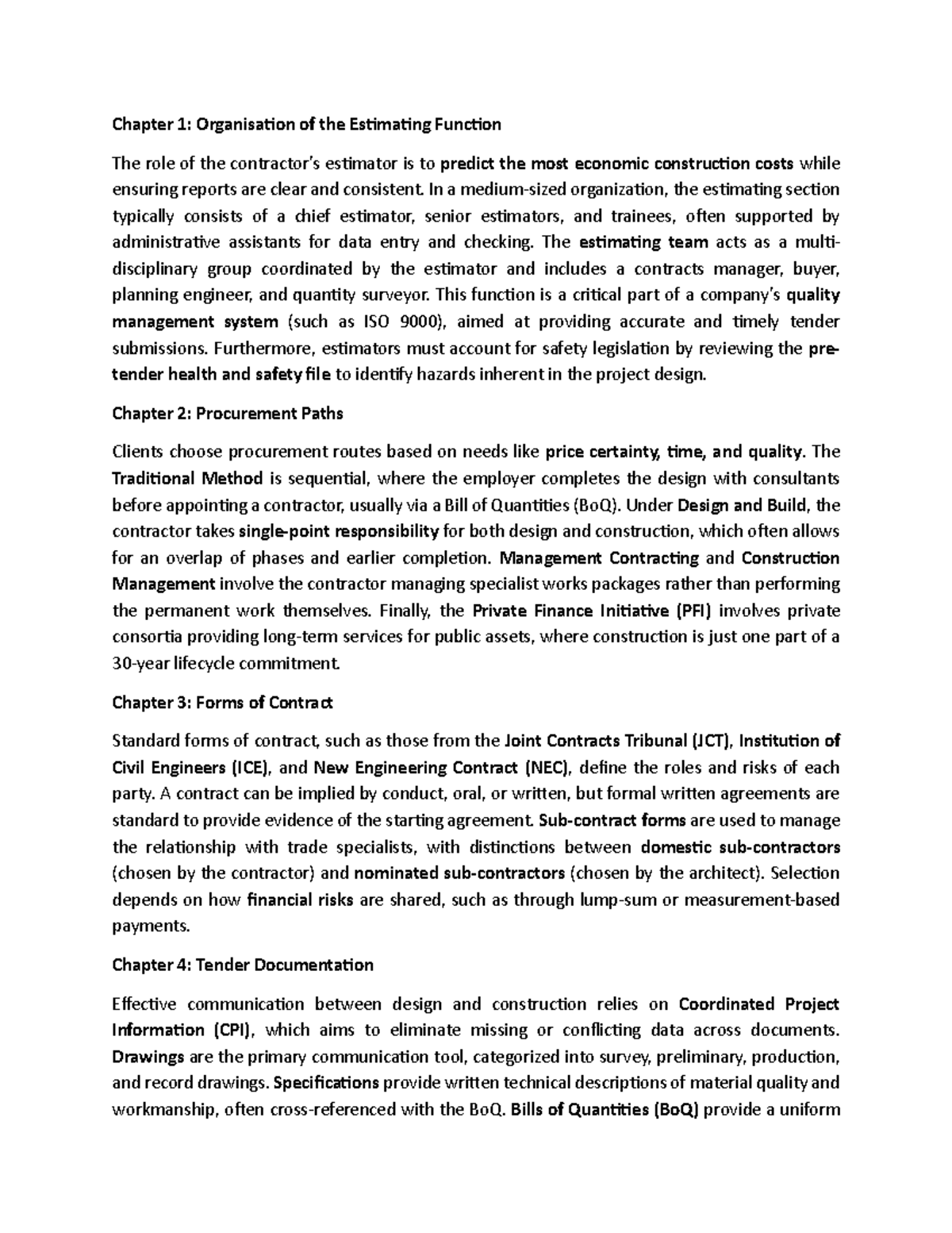 Summary of Estimating & Tendering for Construction Work (3rd Ed.) - Studocu