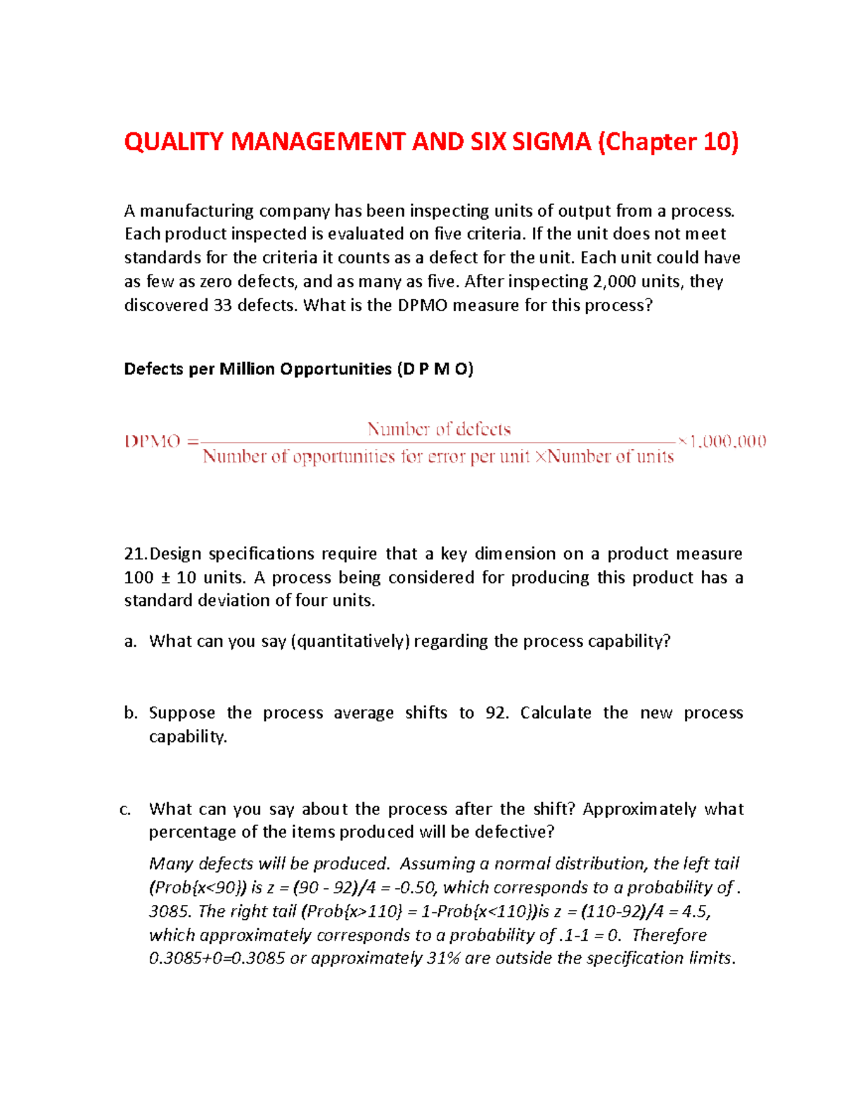 Quality Management & Six Sigma Practice Questions (Ch 3, 7, 10) - Studocu