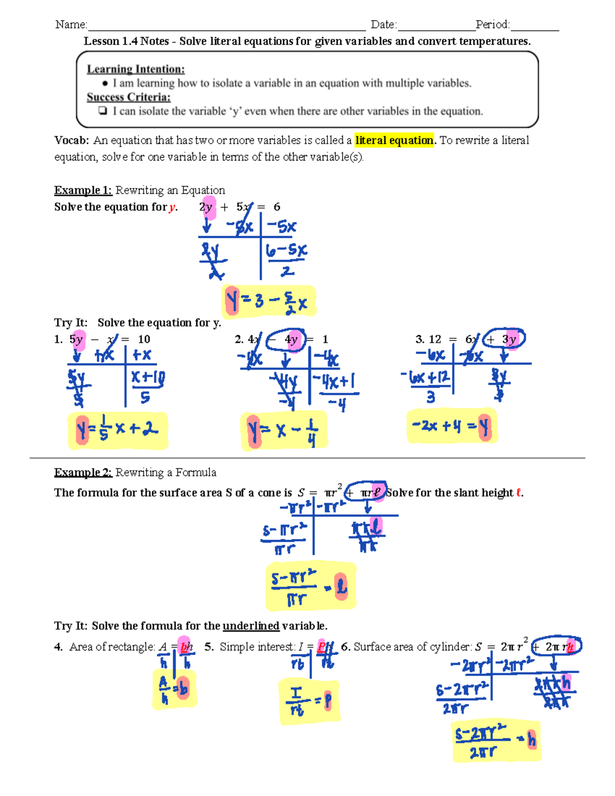 Lesson 1.1 Notes- Solving Simple Equations - Name