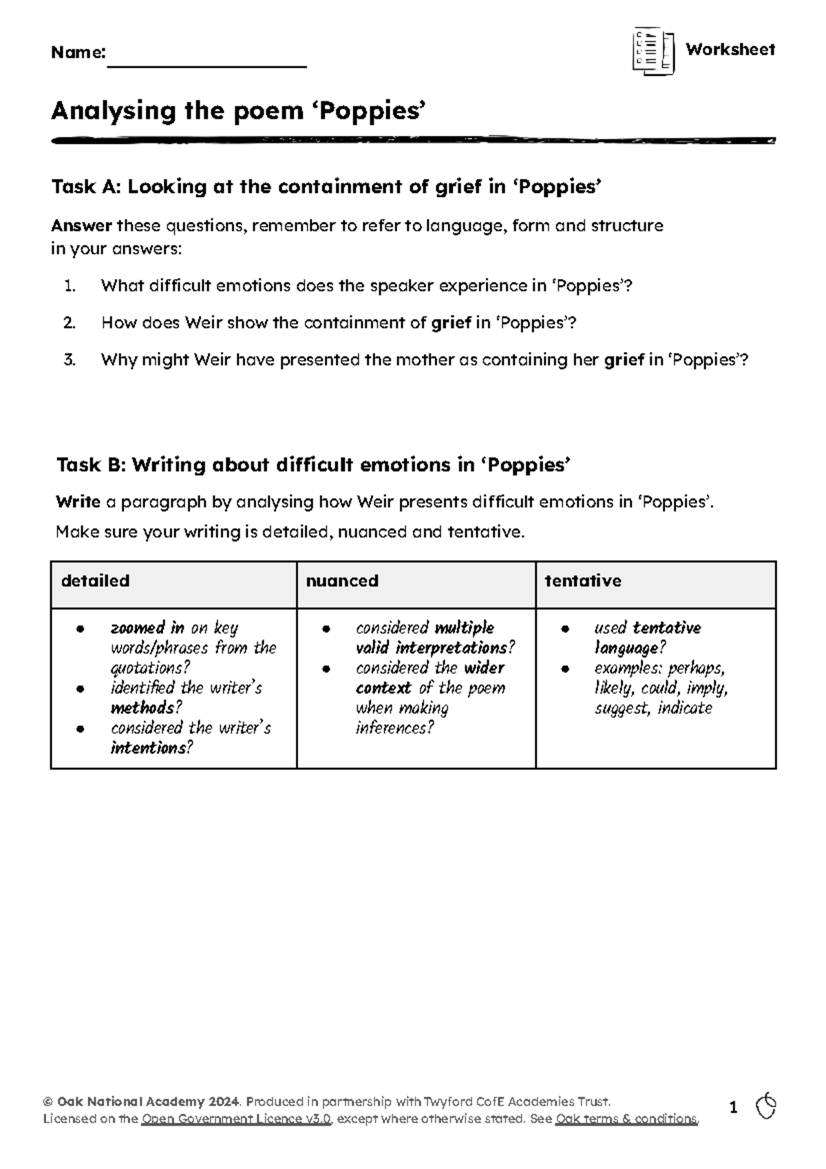 Worksheet: Analyzing Grief in Weir's Poem - Task A & B - Studocu