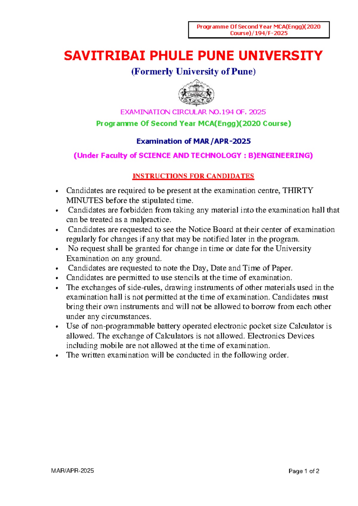 MCA(Engg) 2nd Year Exam Instructions - April/May 2025 - Studocu