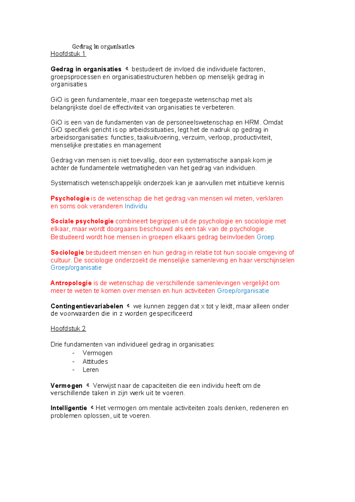 GiO Samenvatting Hoofdstukken 1-8: Gedrag in Organisaties - Studeersnel