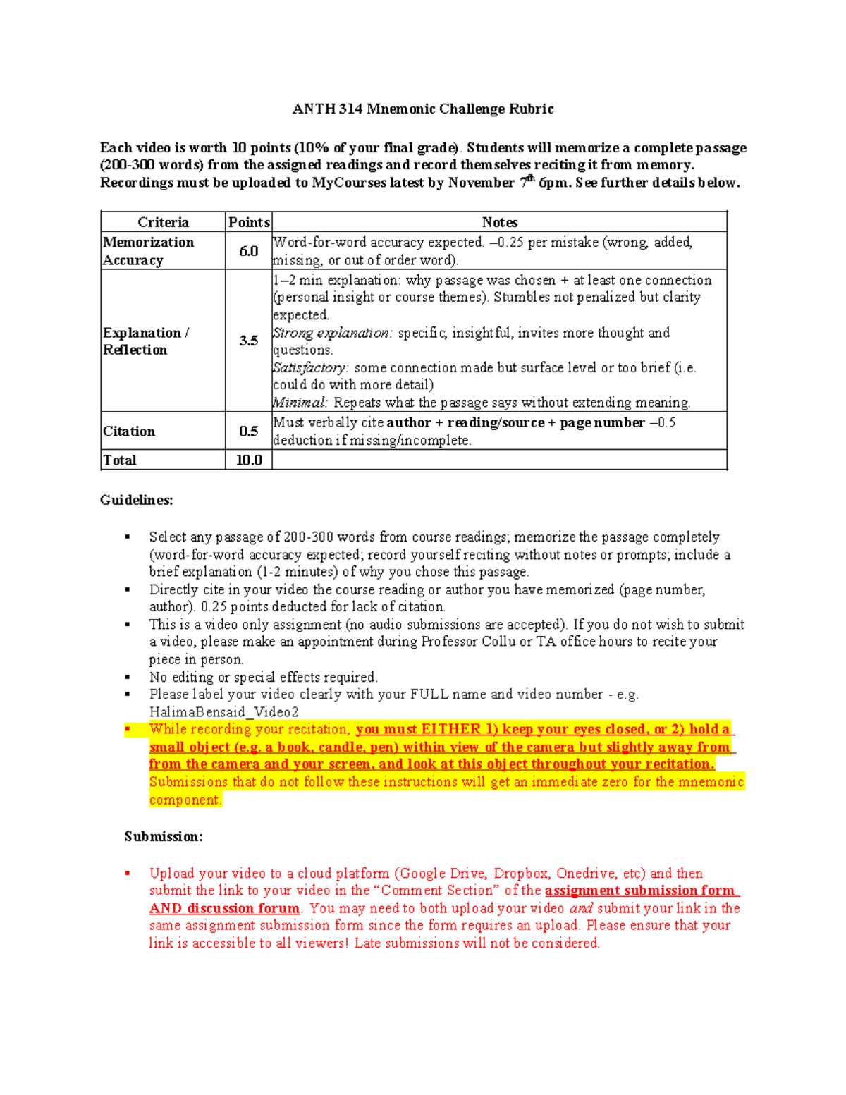 ANTH 314 Mnemonic Challenge Rubric for Video Submission - Studocu