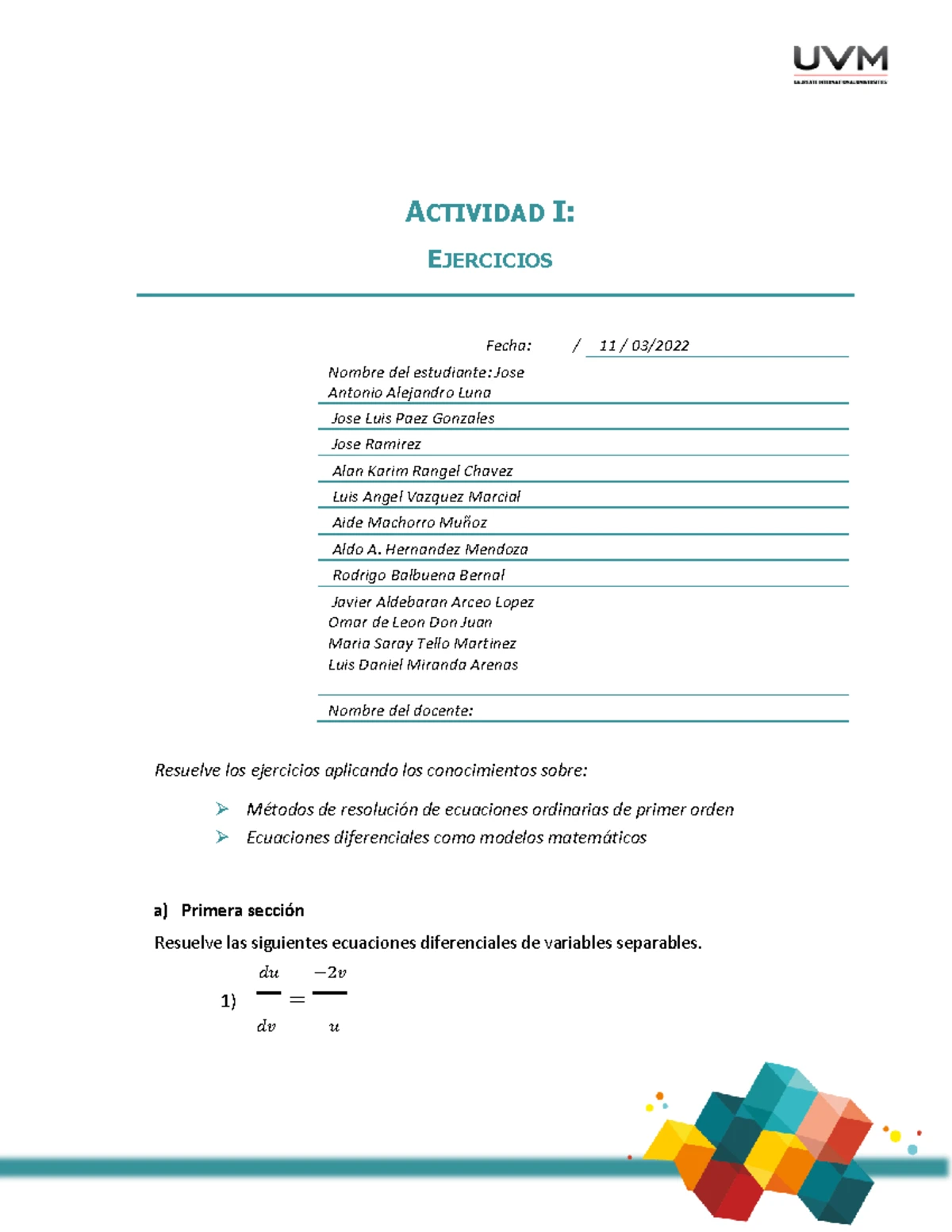 Actividad I: Ejercicios sobre Ecuaciones Diferenciales Ordinarias - Studocu
