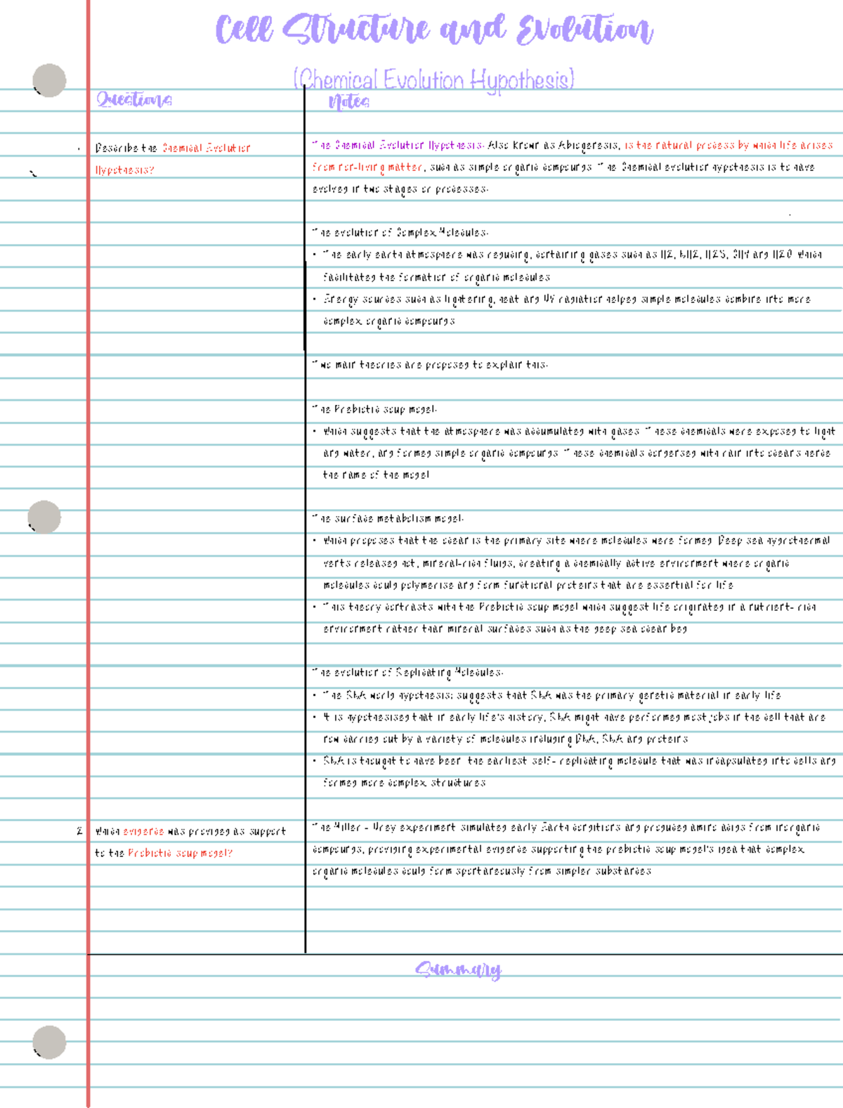 Cell Structure & Evolution: Chemical Evolution Hypothesis Notes - Studocu