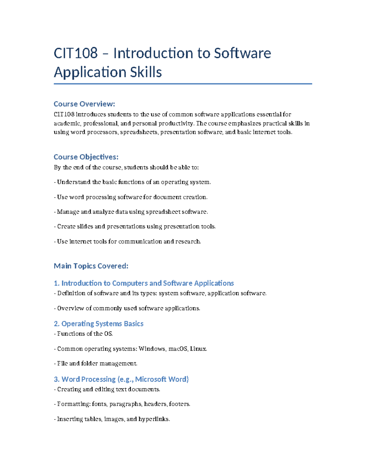 CIT108 Course Overview: Intro to Software Application Skills Summary ...