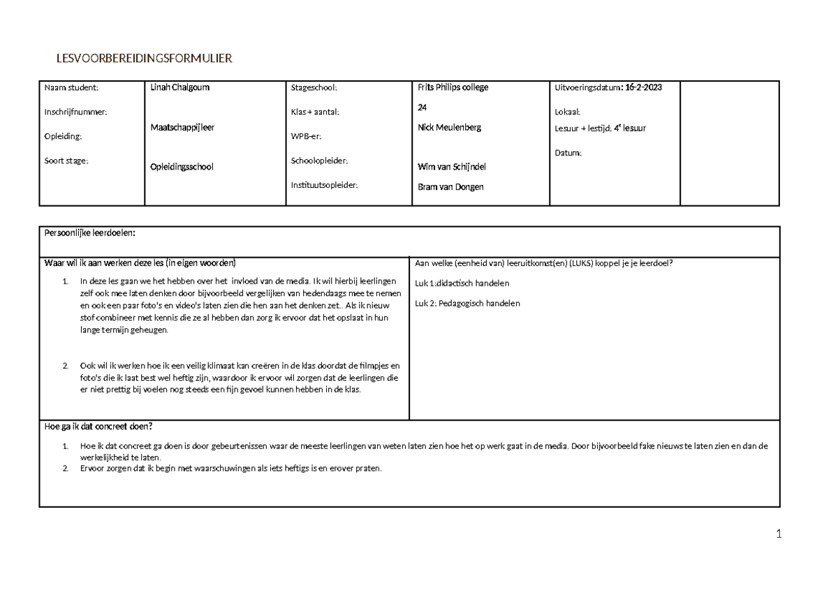 Lesformulier Mavo4: Reflectie en Didactische Aanpak Media-invloed - Studeersnel