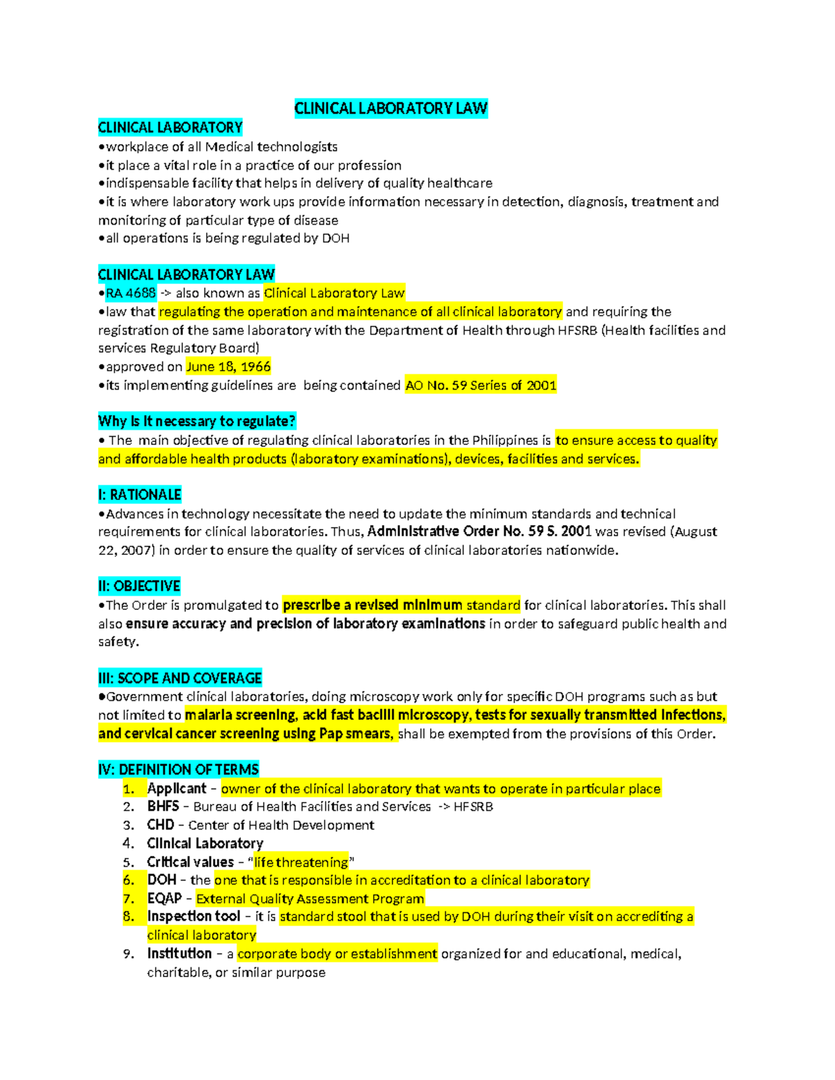 RA 4688 - Clinical Laboratory Law: Regulations and Standards Overview ...