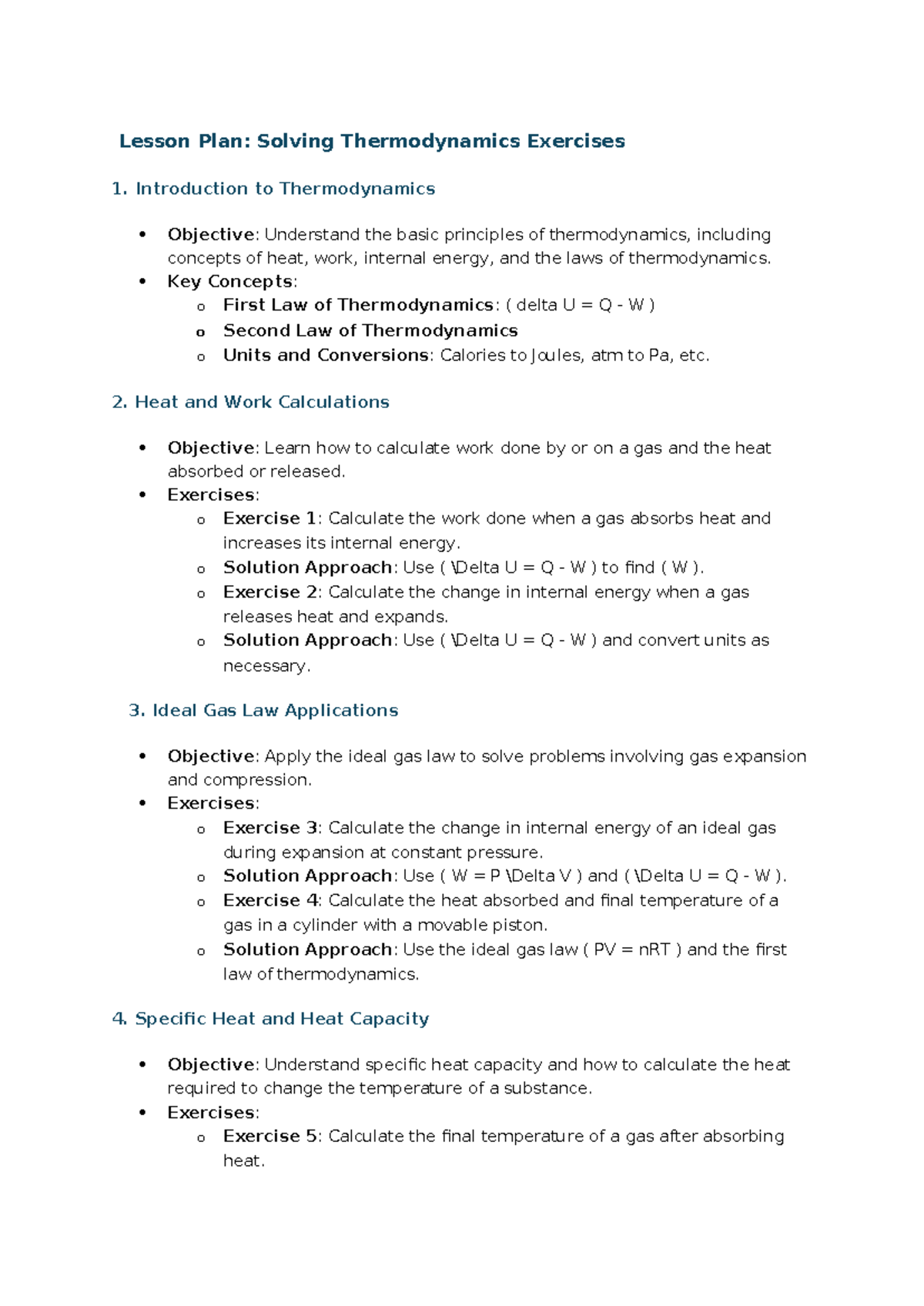 Lesson Plan: Solving Thermodynamics Exercises (Course Code: TH101 ...