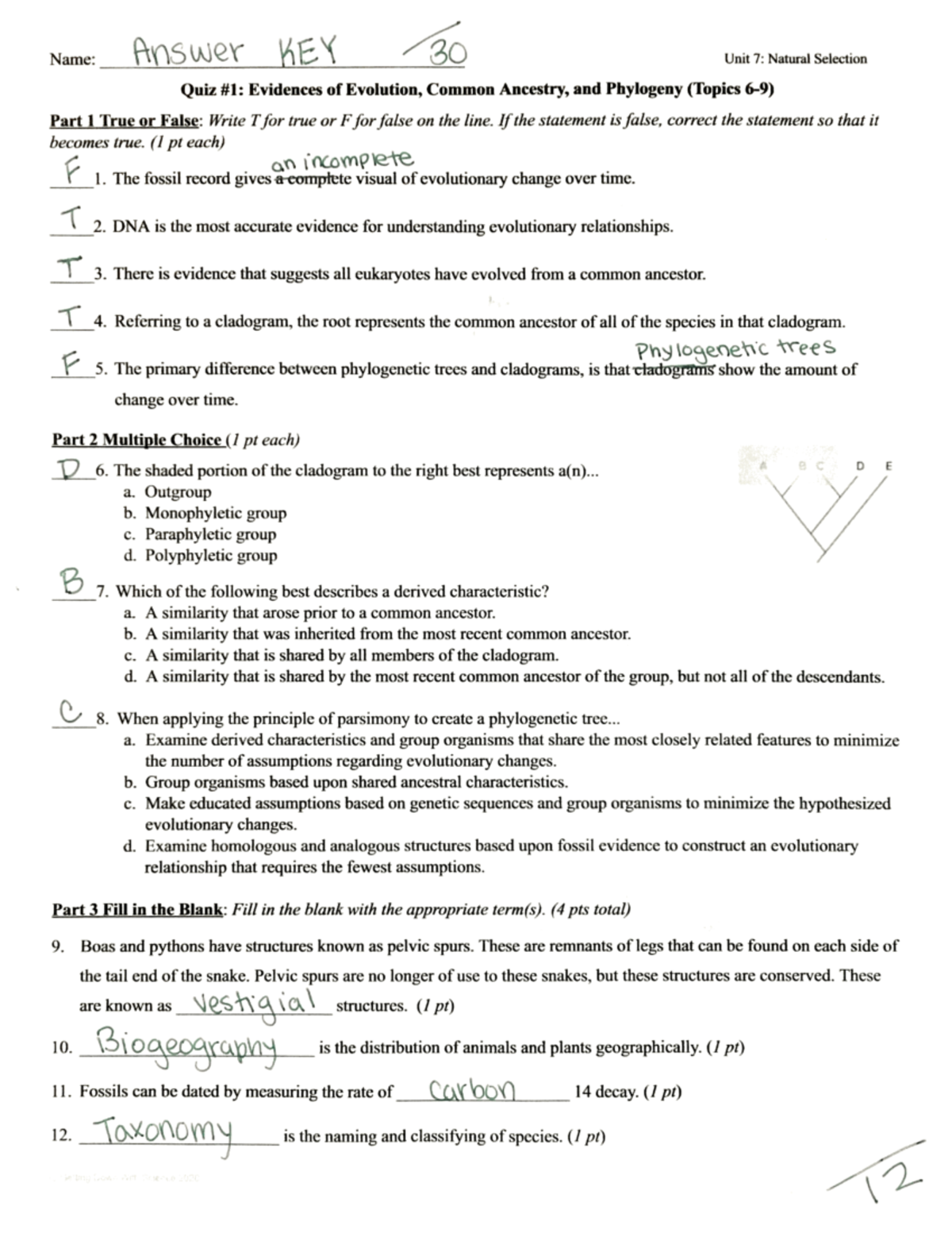 KEY Unit 7 Quiz 2: Natural Selection & Evolution Evidence Answer Key ...