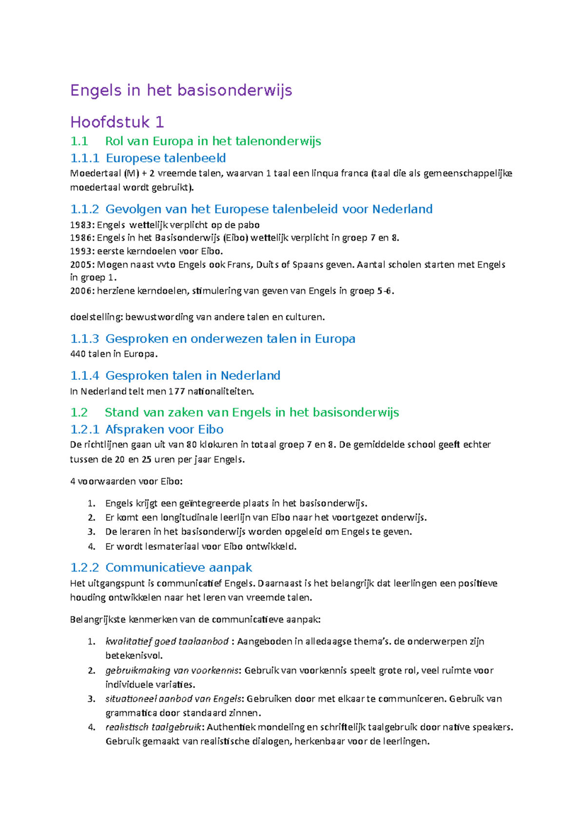 Samenvatting Engels Basisonderwijs - Hoofdstuk 1 t/m 5, 7.2, 9 ...