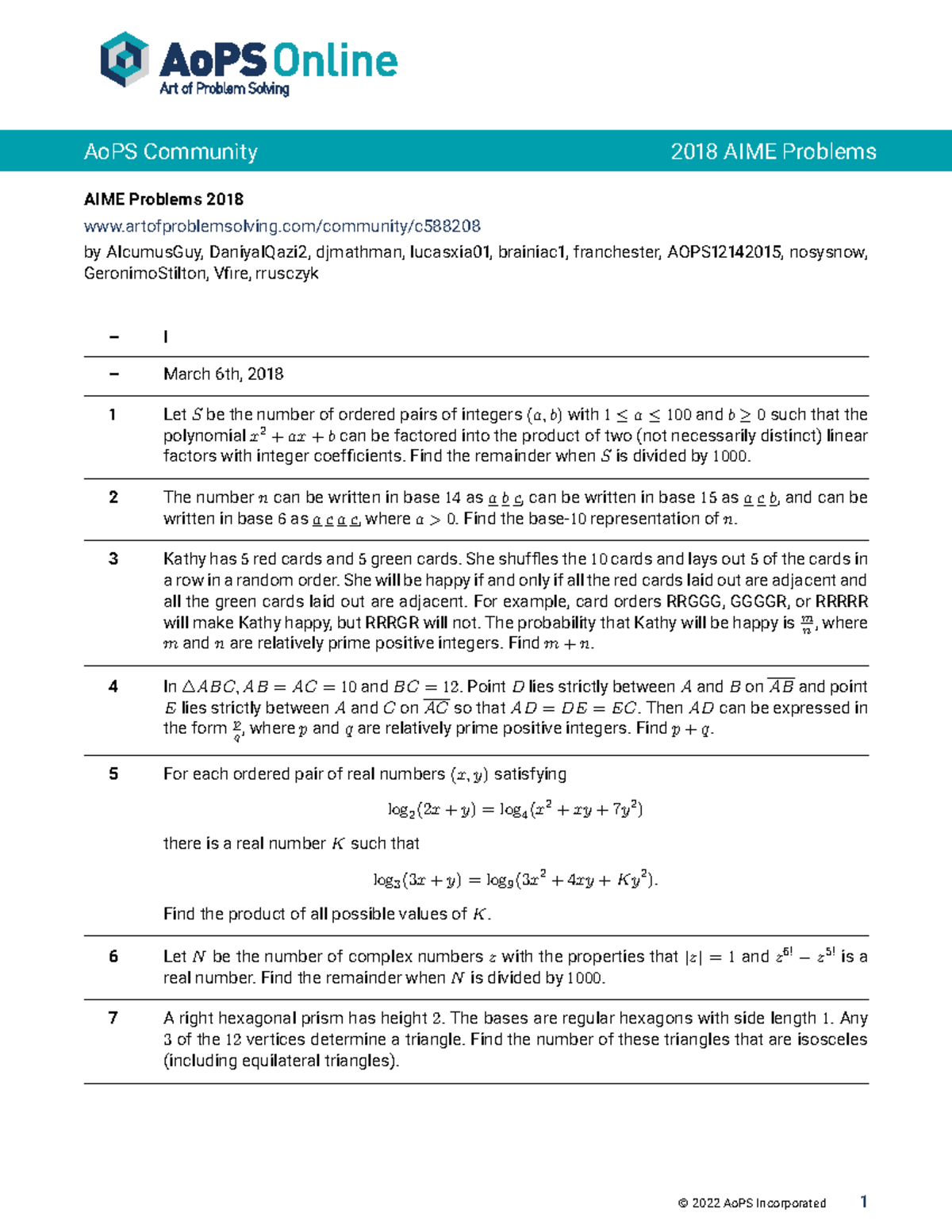 AIME 2018 Practice Test Problems and Solutions - Studocu