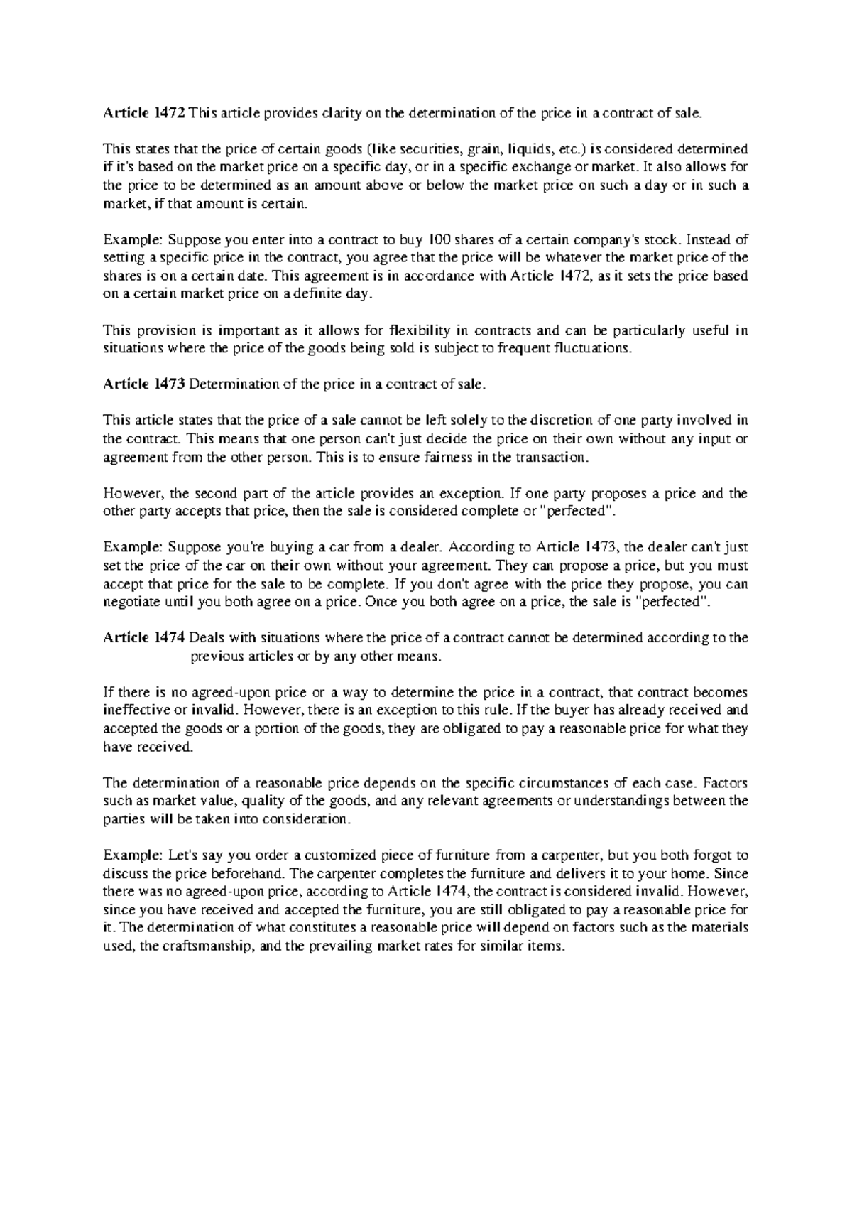 LAW - Summary of Articles on Contracts of Sale for BSA Students - Studocu