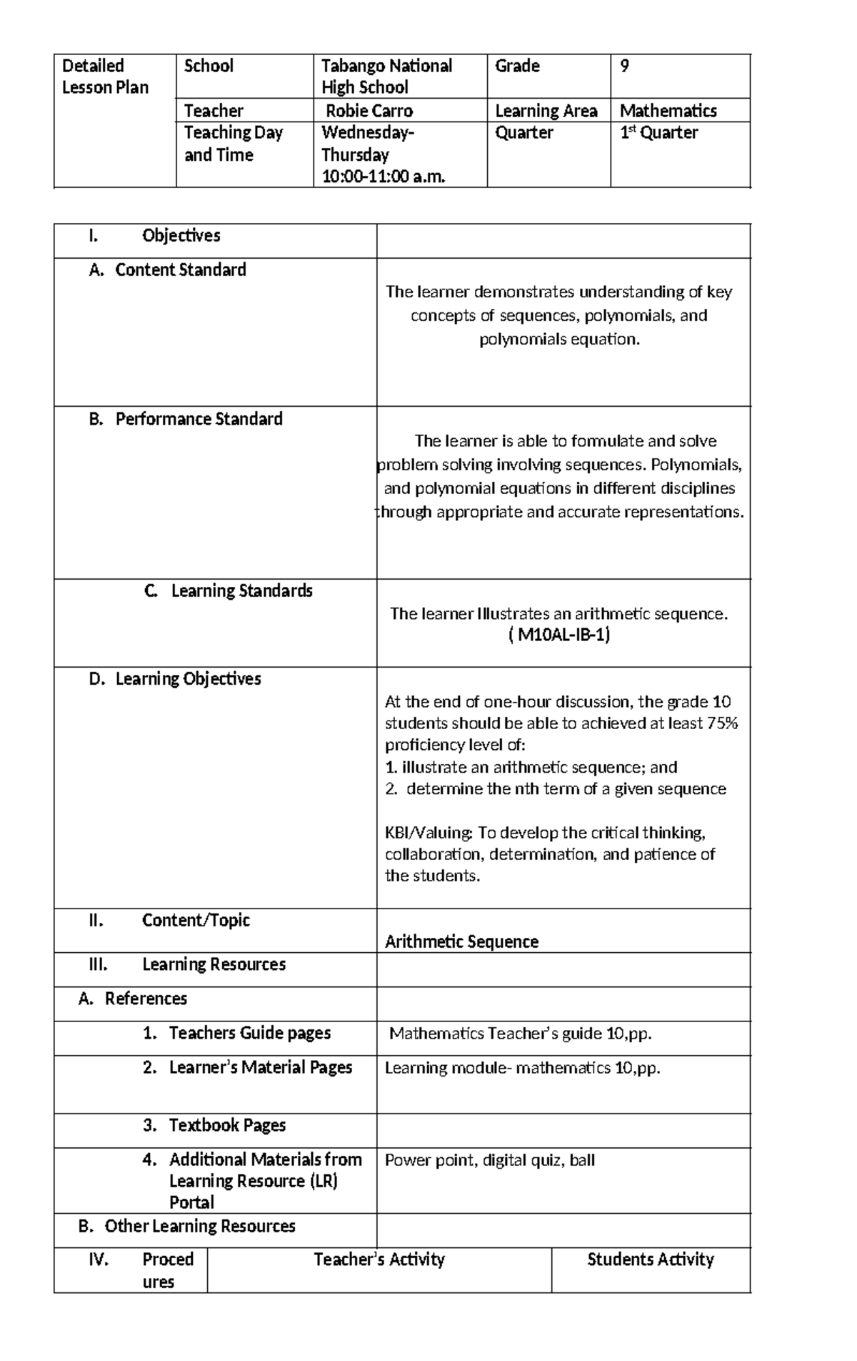 DLP 7Es: Grade 10 Lesson Plan on Arithmetic Sequences and Standards ...