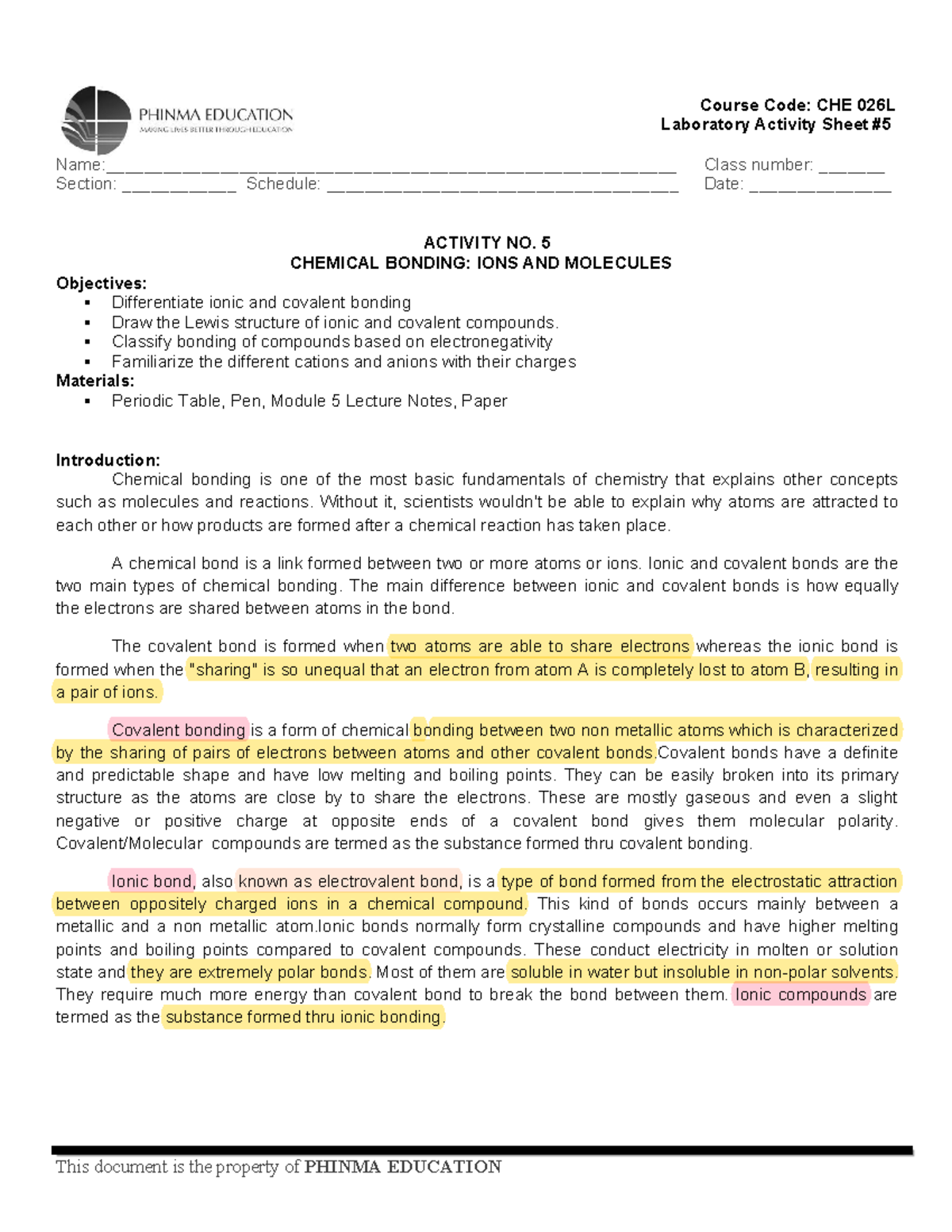 CHE 026L Laboratory Activity Sheet: Chemical Bonding & Lewis Structures ...