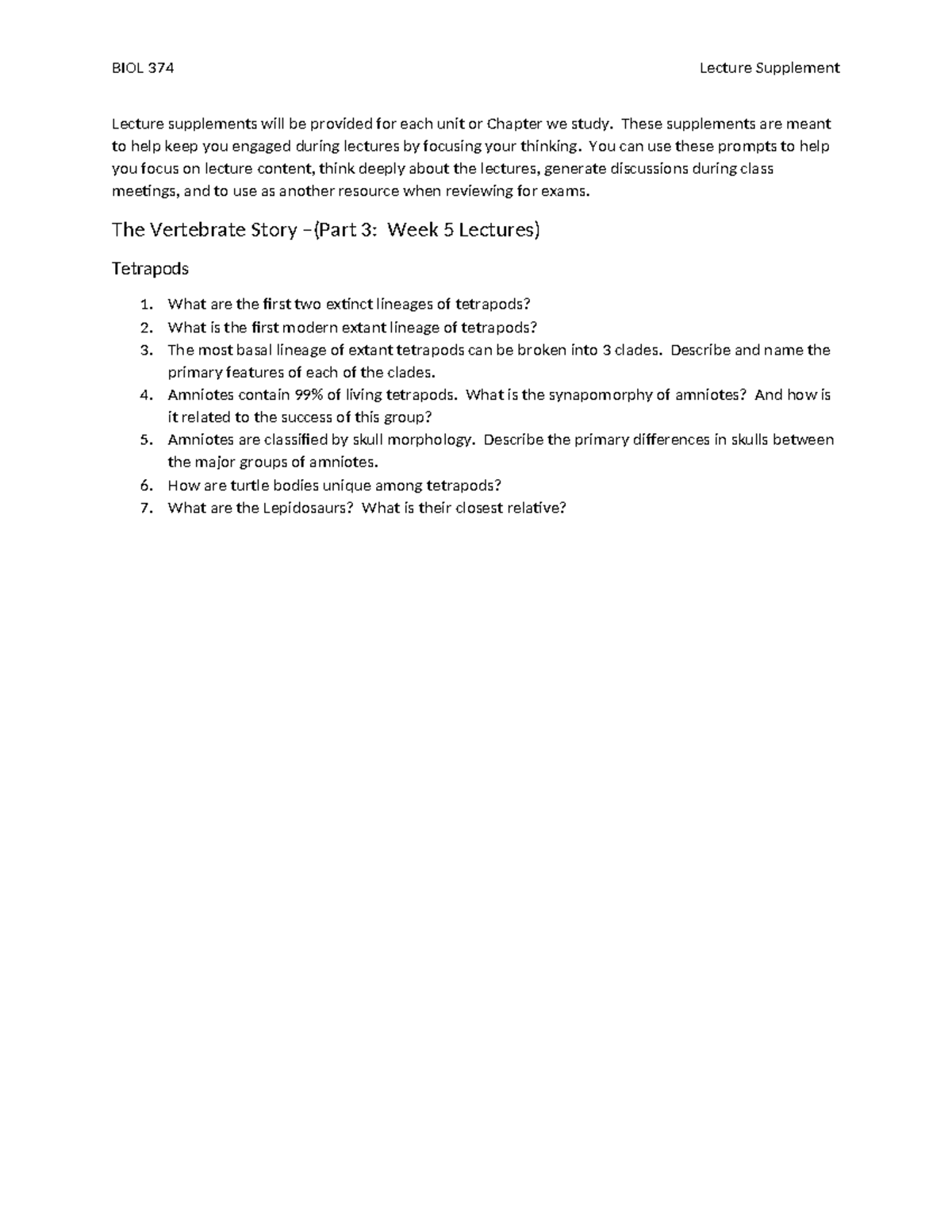 BIOL 374 Lecture Supplement: The Vertebrate Story (Week 5) - Studocu