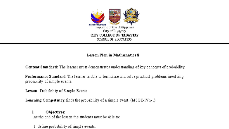 MATH 69 Lesson Plan: Probability of Simple Events for Grade 8 - Studocu