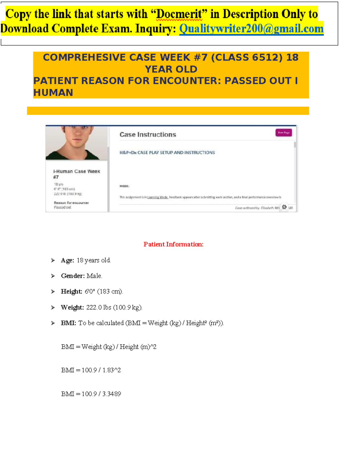 Comprehensive Case Study Week #7 (Class 6512) 18-Year-Old Patient with ...