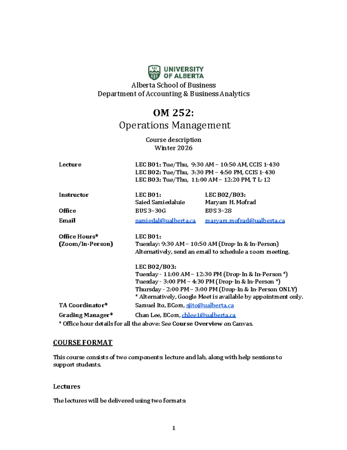 OM 252: Operations Management Syllabus - Winter 2026 - Studocu