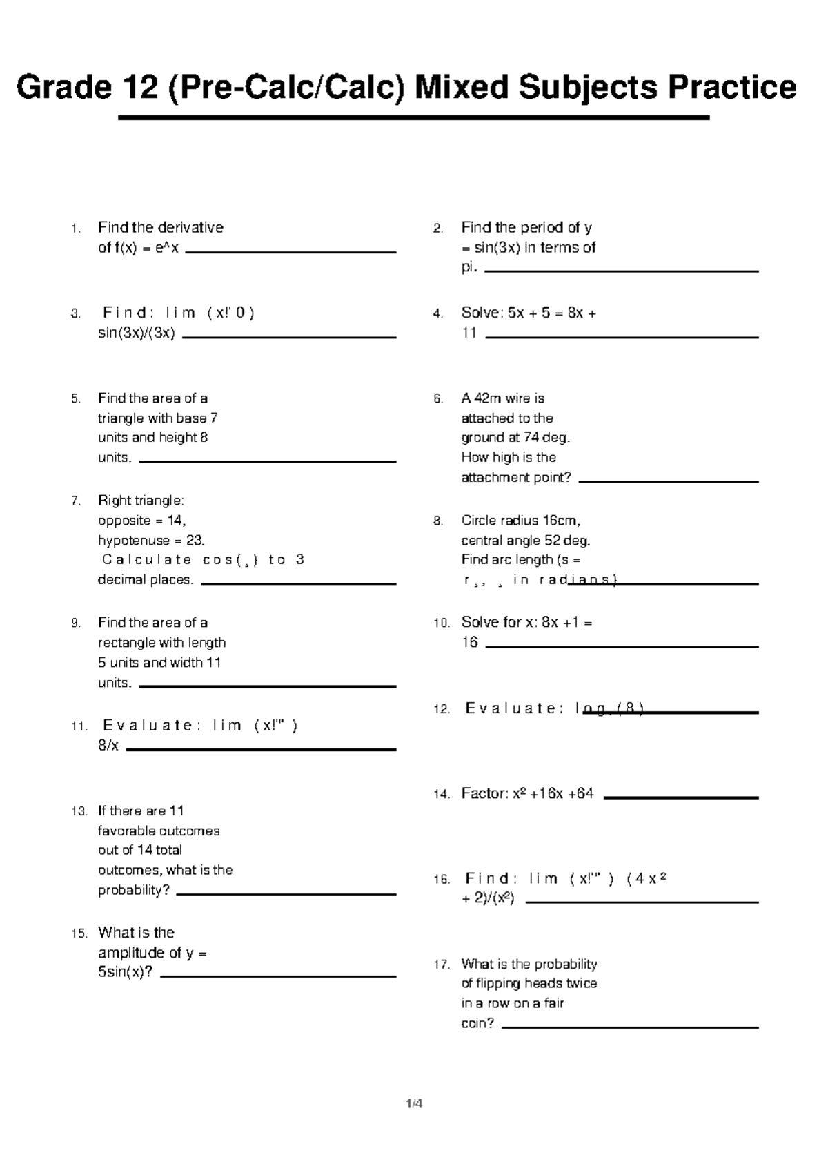 Grade 12 Calc Mixed Subjects Practice 4 - Studocu