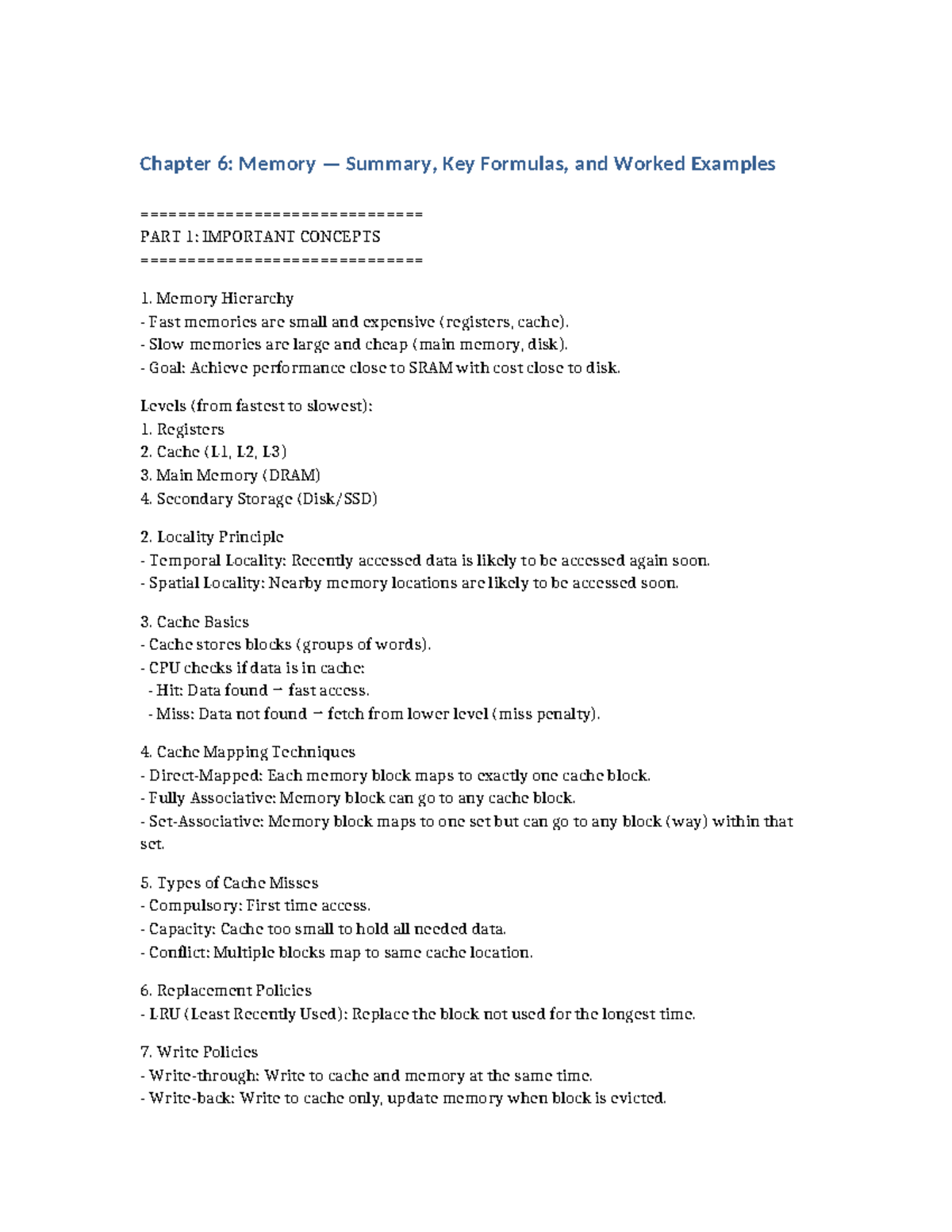 Chapter 6: Memory Concepts, Key Formulas & Examples Summary - Studocu