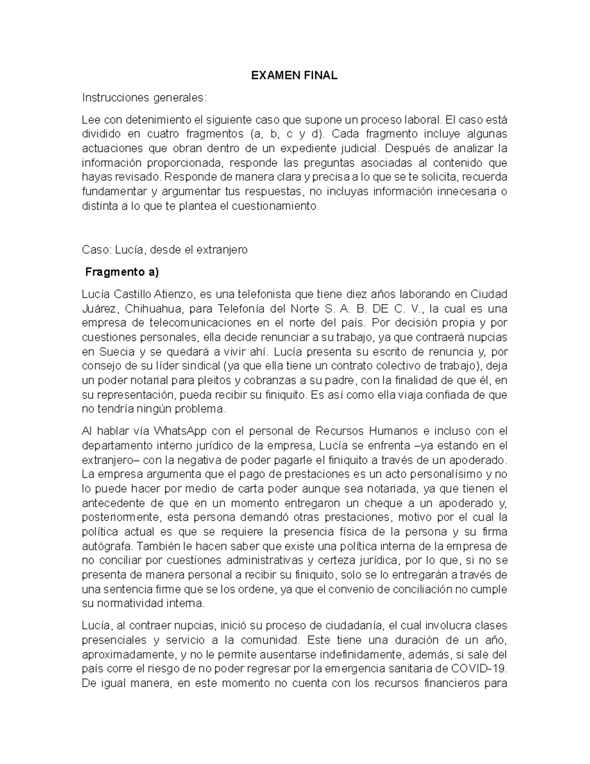 Examen Final de Derecho Laboral II: Caso de Lucía Castillo Atienzo ...