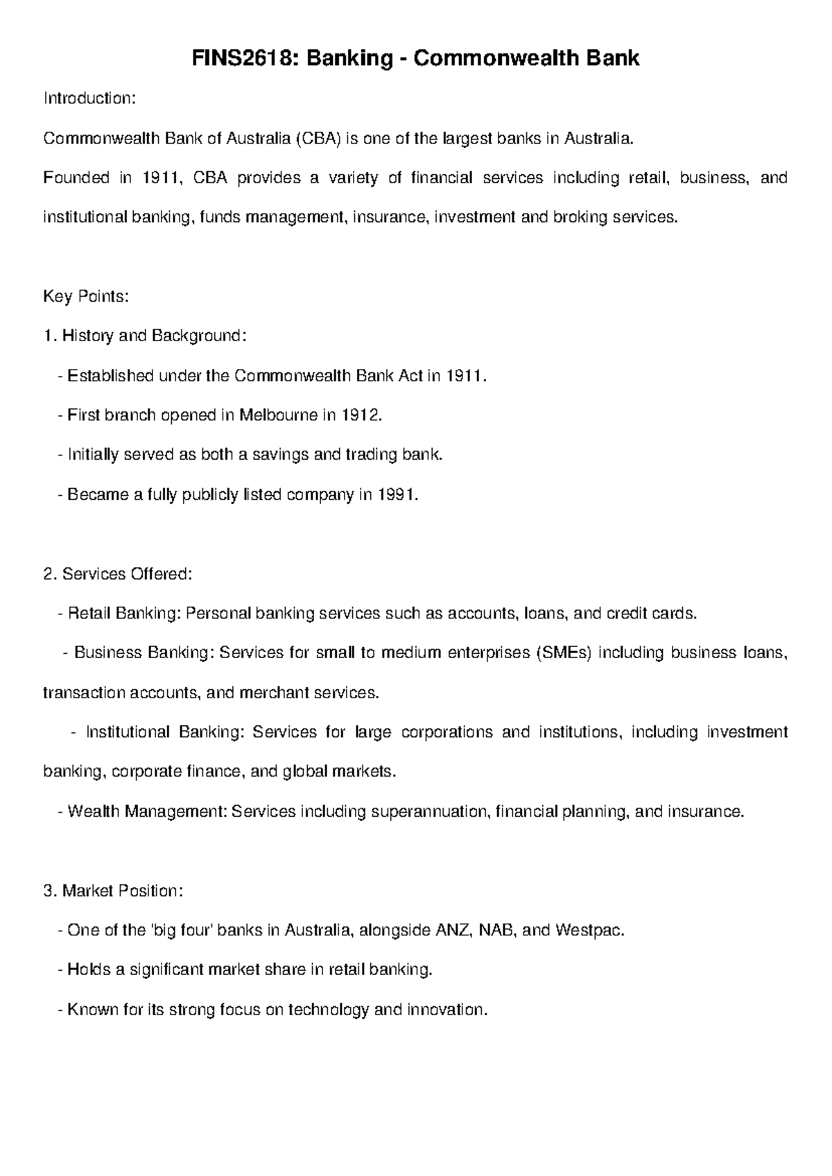 FINS2618 Commonwealth Bank Notes - FINS2618: Banking - Commonwealth ...