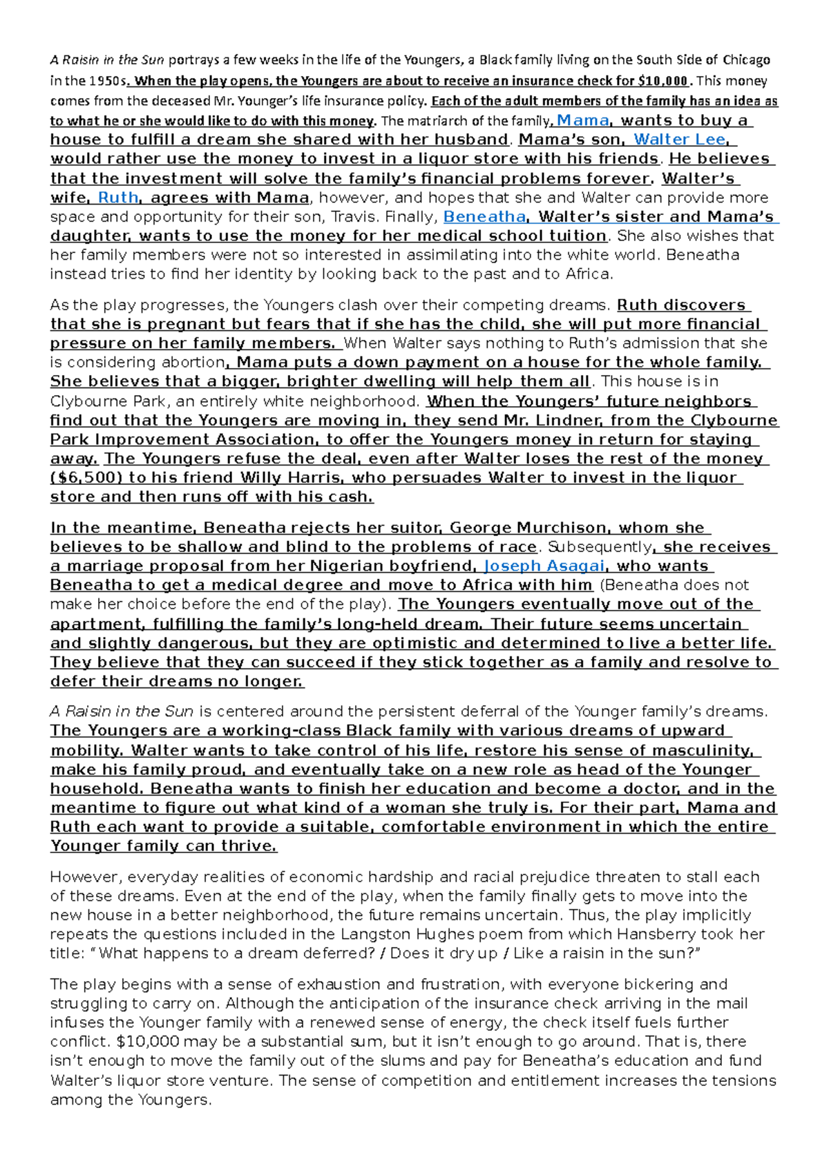 A Raisin in the Sun: Dream Deferred and Family Struggles Summary - Studocu