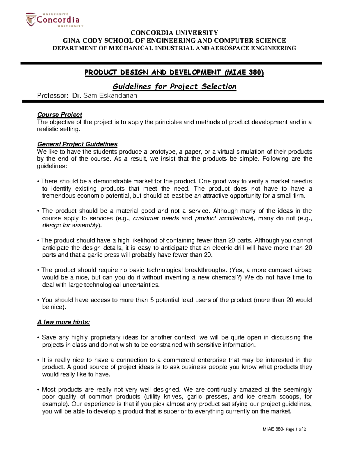 MIAE 380 - Product Design & Development Project Guidelines - Studocu
