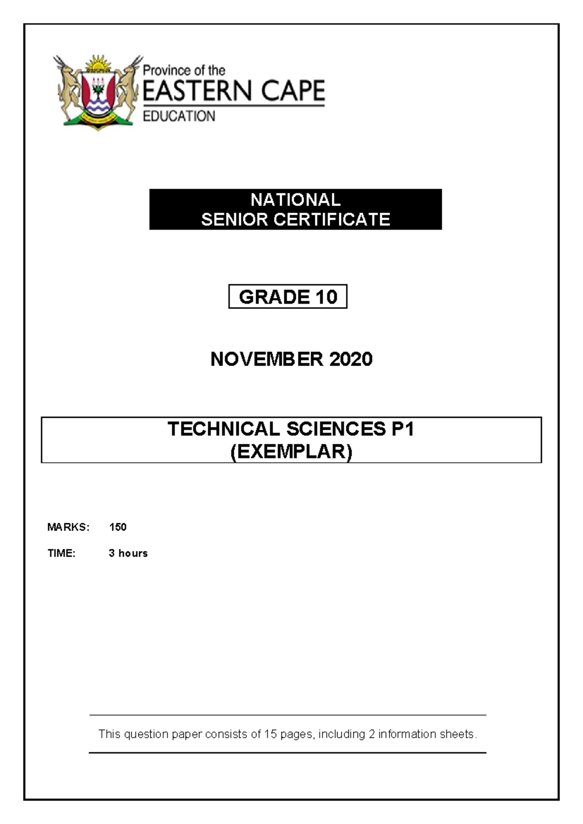 TECH SCIENCES P1 GRADE 10 NOV 2020 EXEMPLAR QUESTION PAPER - Studocu